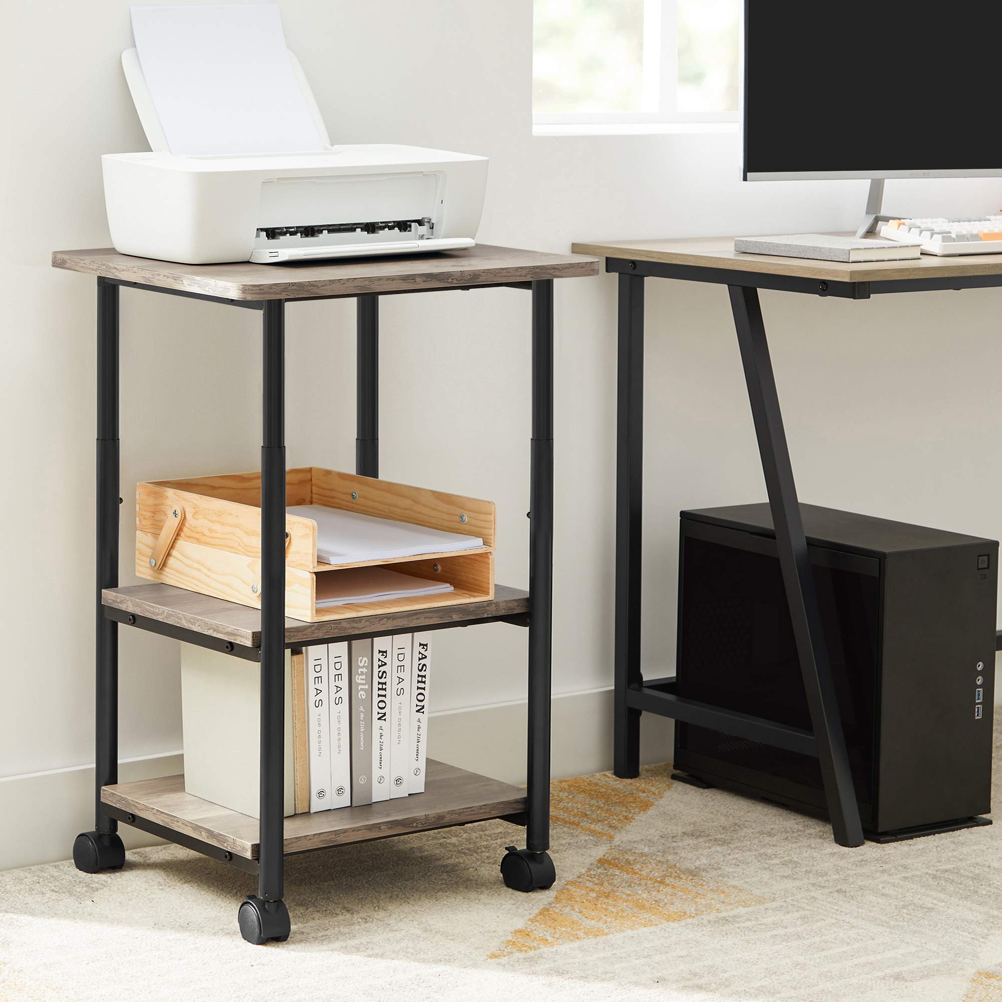 VASAGLE Printer Stand, 3-Tier Machine Cart with Wheels and Adjustable Table Top, Heavy Duty Storage Rack for Office and Home, Greige + Black