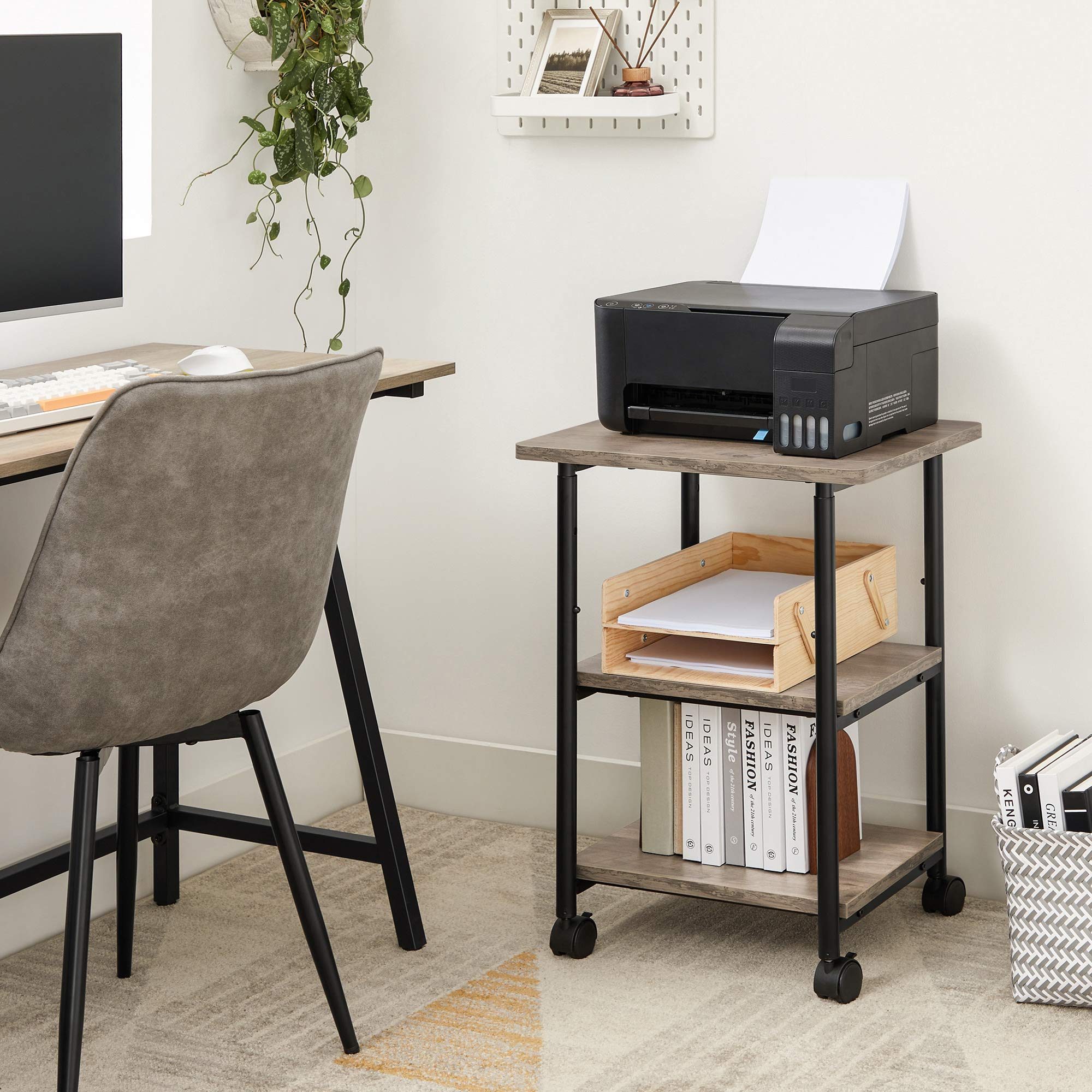 VASAGLE Printer Stand, 3-Tier Machine Cart with Wheels and Adjustable Table Top, Heavy Duty Storage Rack for Office and Home, Greige + Black