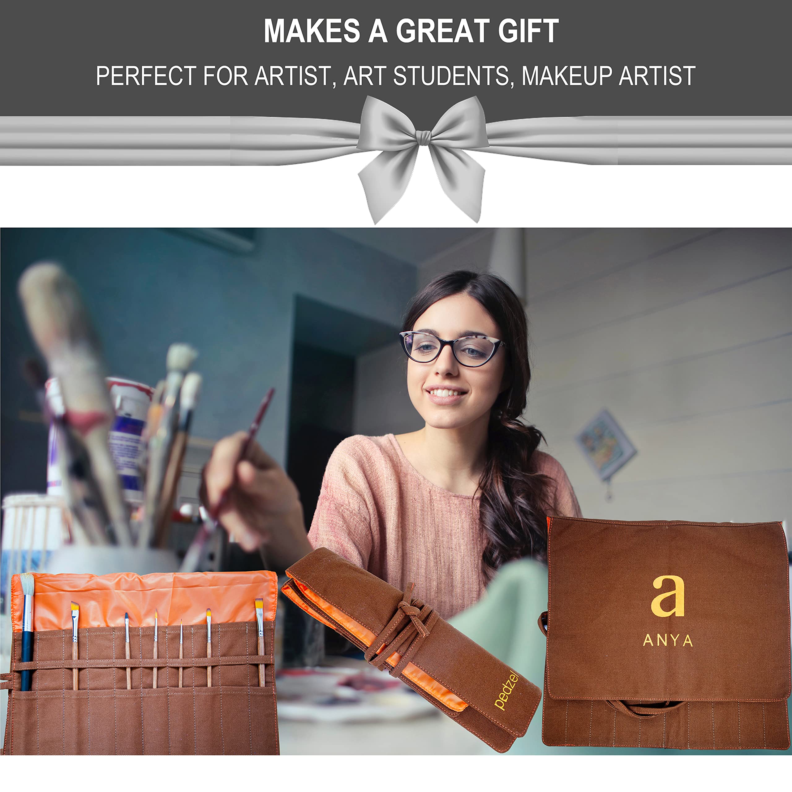 ANYA Artists Paint Brush Holder, 20 Slots Paint Brush Storage Canvas Roll up pouch for Acrylic Oil Watercolor, Dark brown PEDZEL (brushes not included)