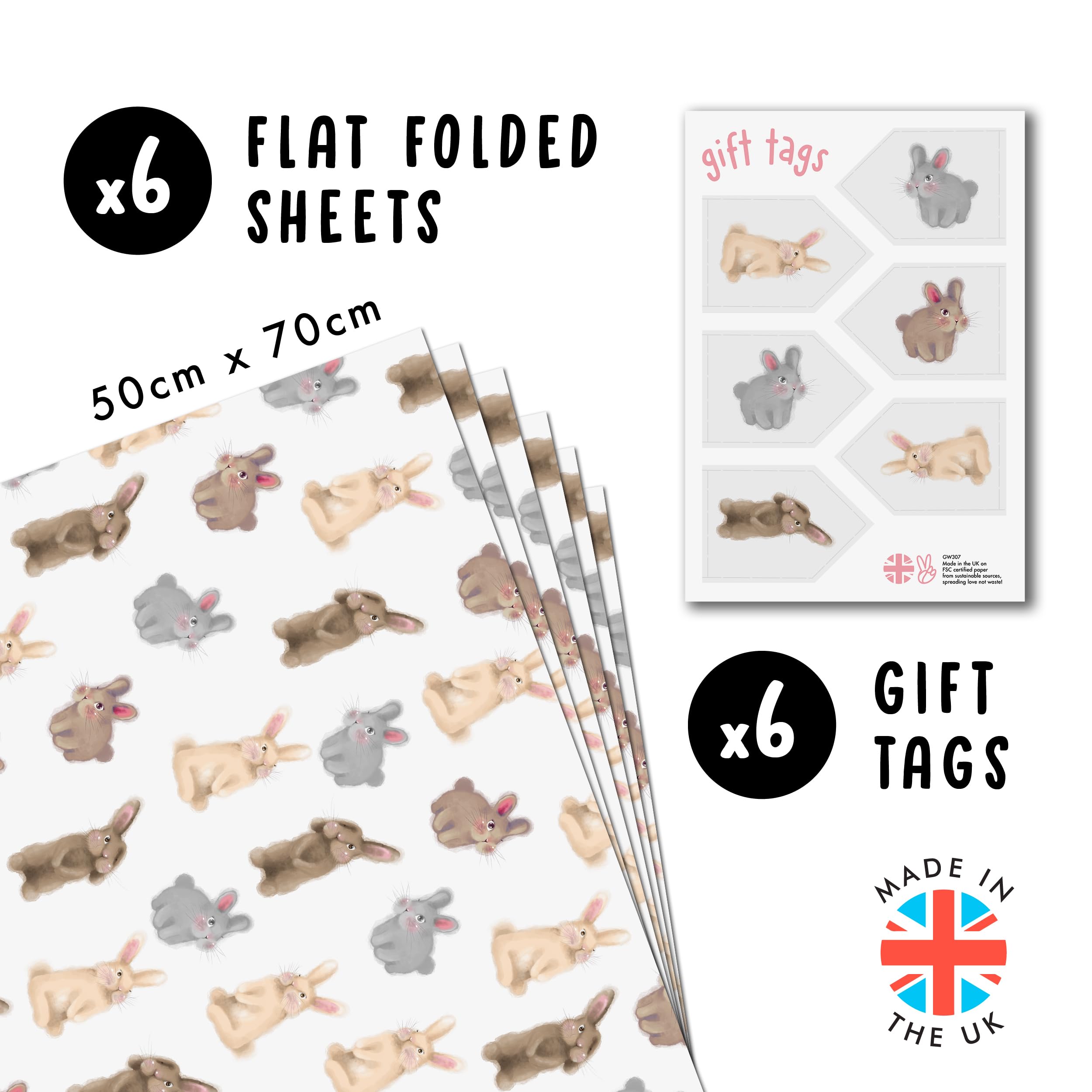 CENTRAL 23 - Easter Bunny Wrapping Paper for Girls Kids Boys - 6 Sheets of Gift Wrap for Boys - Fluffy Bunnies - For Men Women - For Birthdays - Easter Decorations Religious - Recyclable