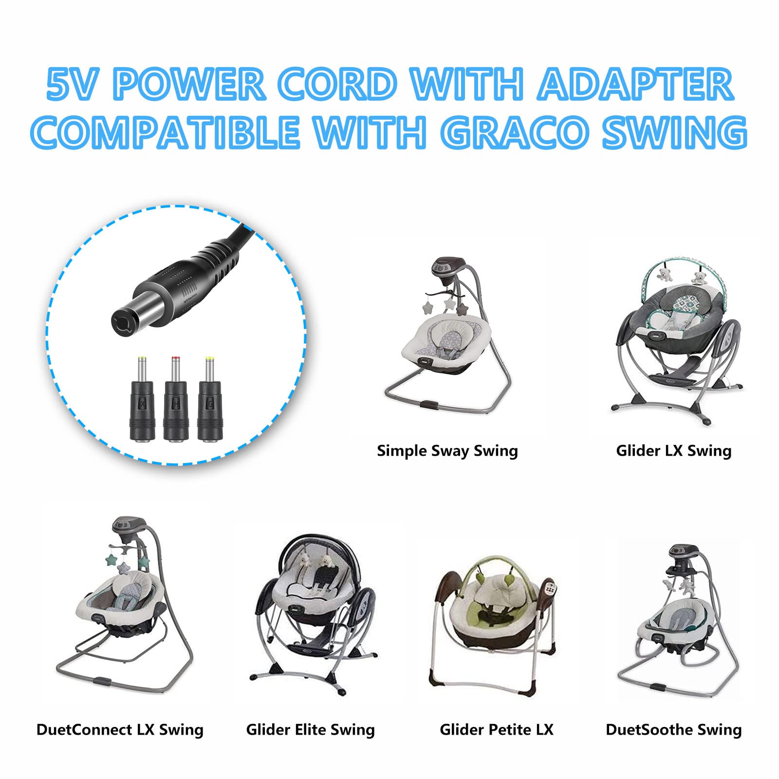 5V Replacement Cord for Graco Swing, Simple Swing, Glider LX, Glider Petite LX, Glider Elite, Glider Premier, Sweetpeace, Sweet Snuggle, DuetConnect LX, DuetSoothe (8.2FT)