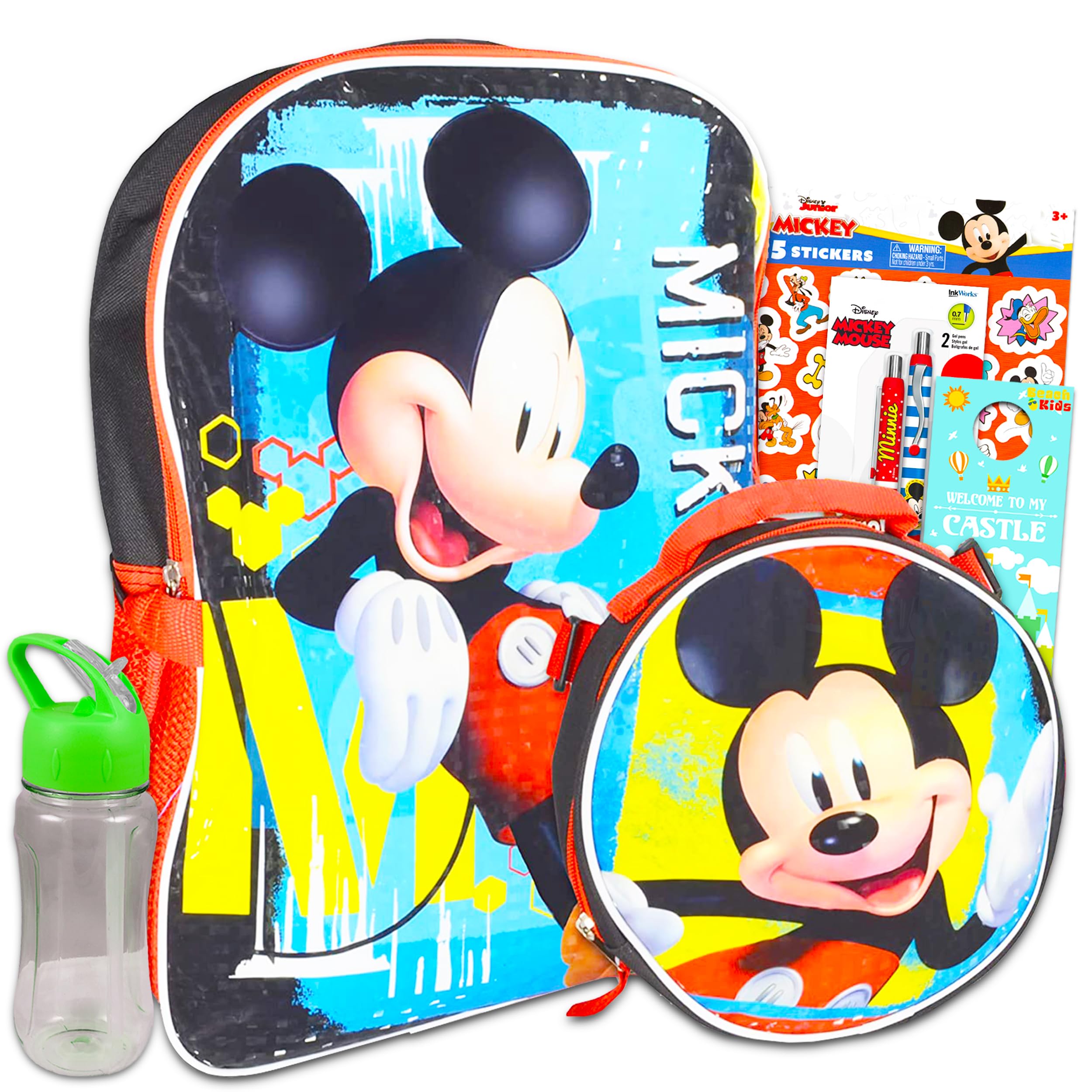 DISNEY CLASSICS Mickey Mouse Backpack For Boys, Girls, Kids-6 Pc Bundle With 16 inchBackpack, Lunch Box, Stickers, And More (Mickey School Supplies) box supplies,