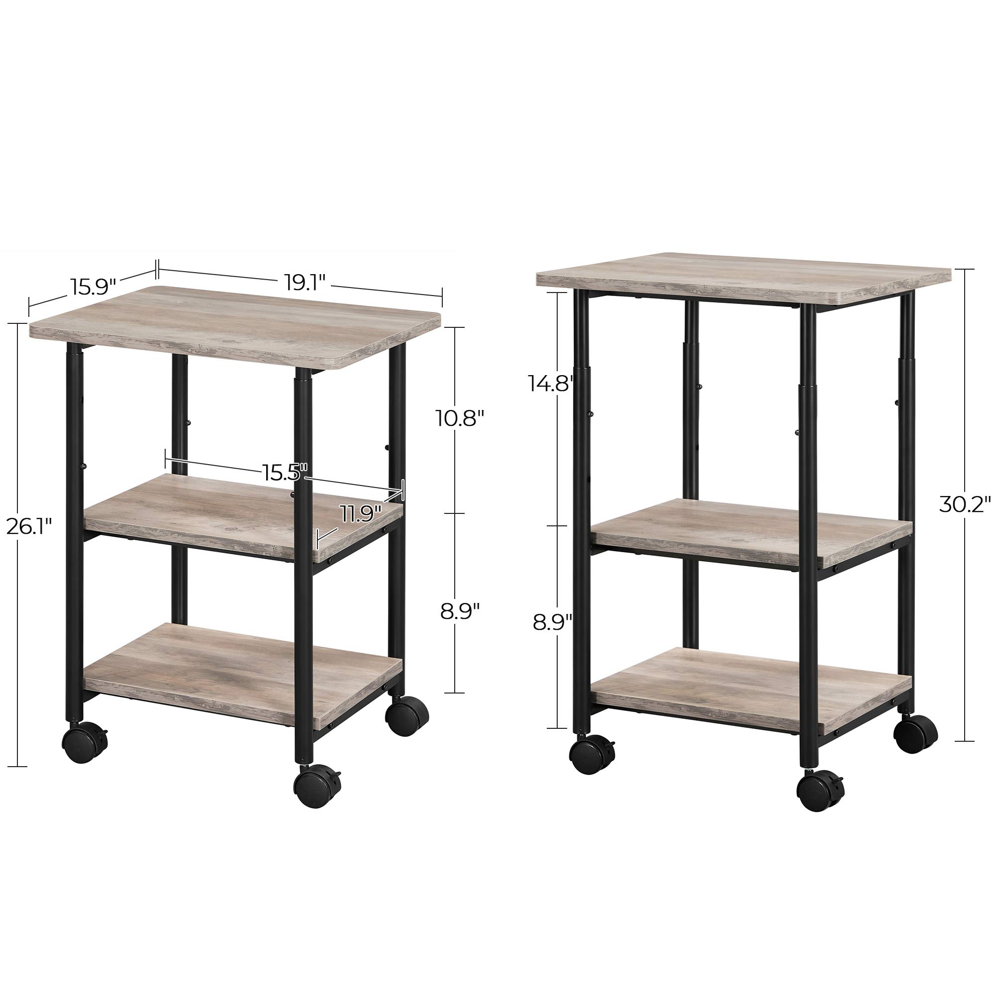 VASAGLE Printer Stand, 3-Tier Machine Cart with Wheels and Adjustable Table Top, Heavy Duty Storage Rack for Office and Home, Greige + Black