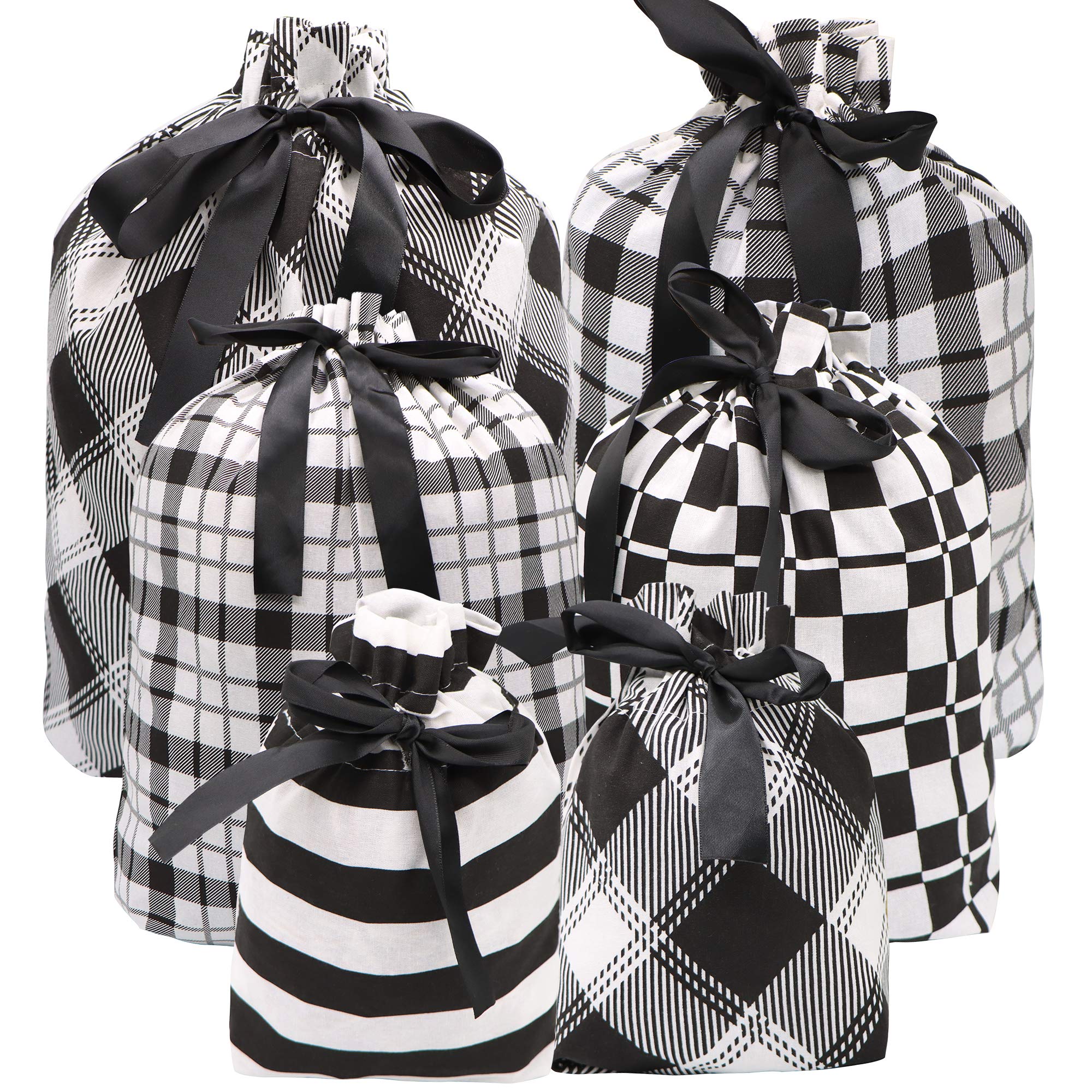JOYIN 6 PCs Christmas Fabric Gift Bags Black Elegant Color with 3 Sizes for Christmas Season, Gift Giving, Holiday Presents Décor, Giant Gifts Decorations