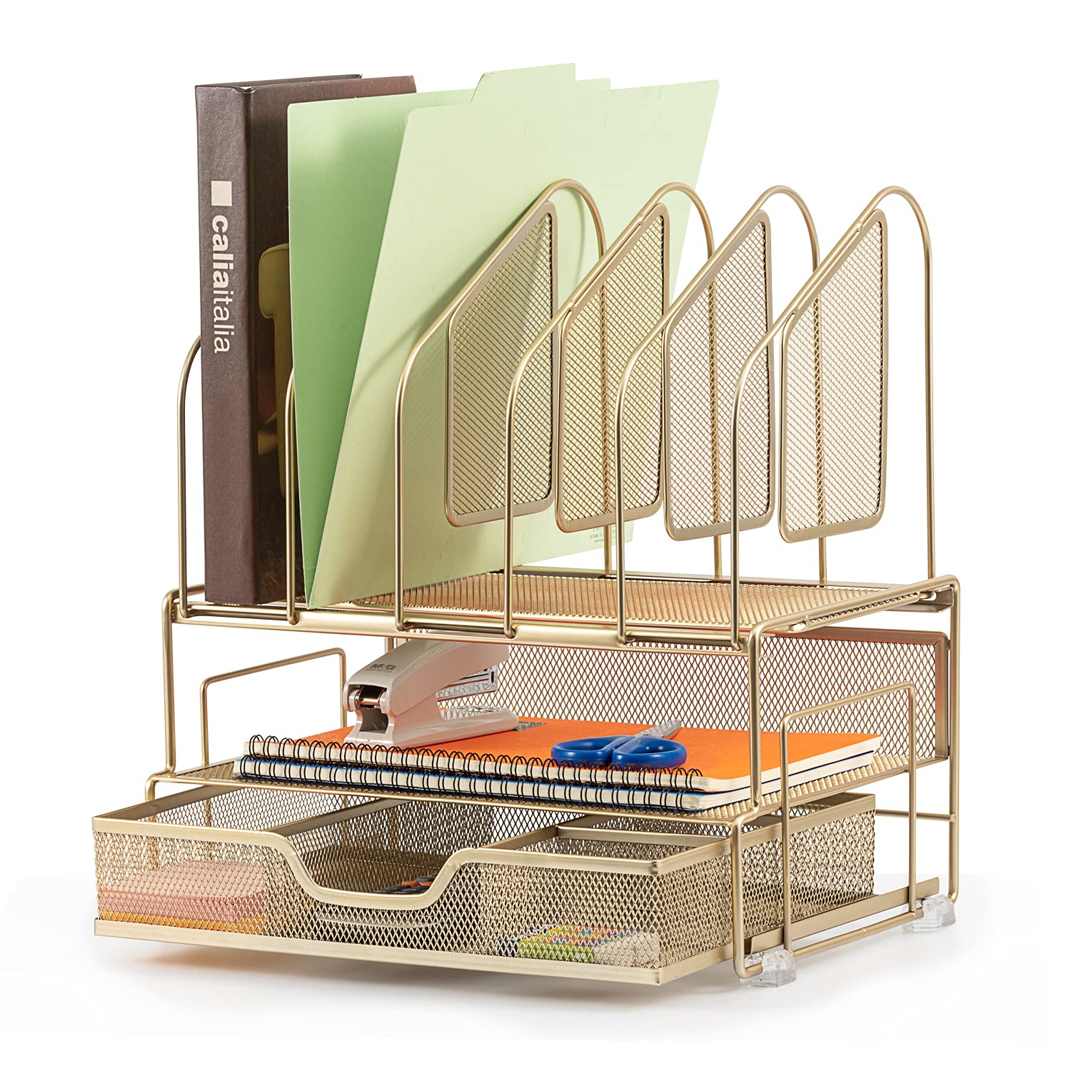 Beiz Gold Desk Organizer and Accessories Storage with 5 Vertical File Folder Holders, 2 Paper Tray, Drawer for Women Office, Home, Dorm, Workspace to Collect Office Supplies
