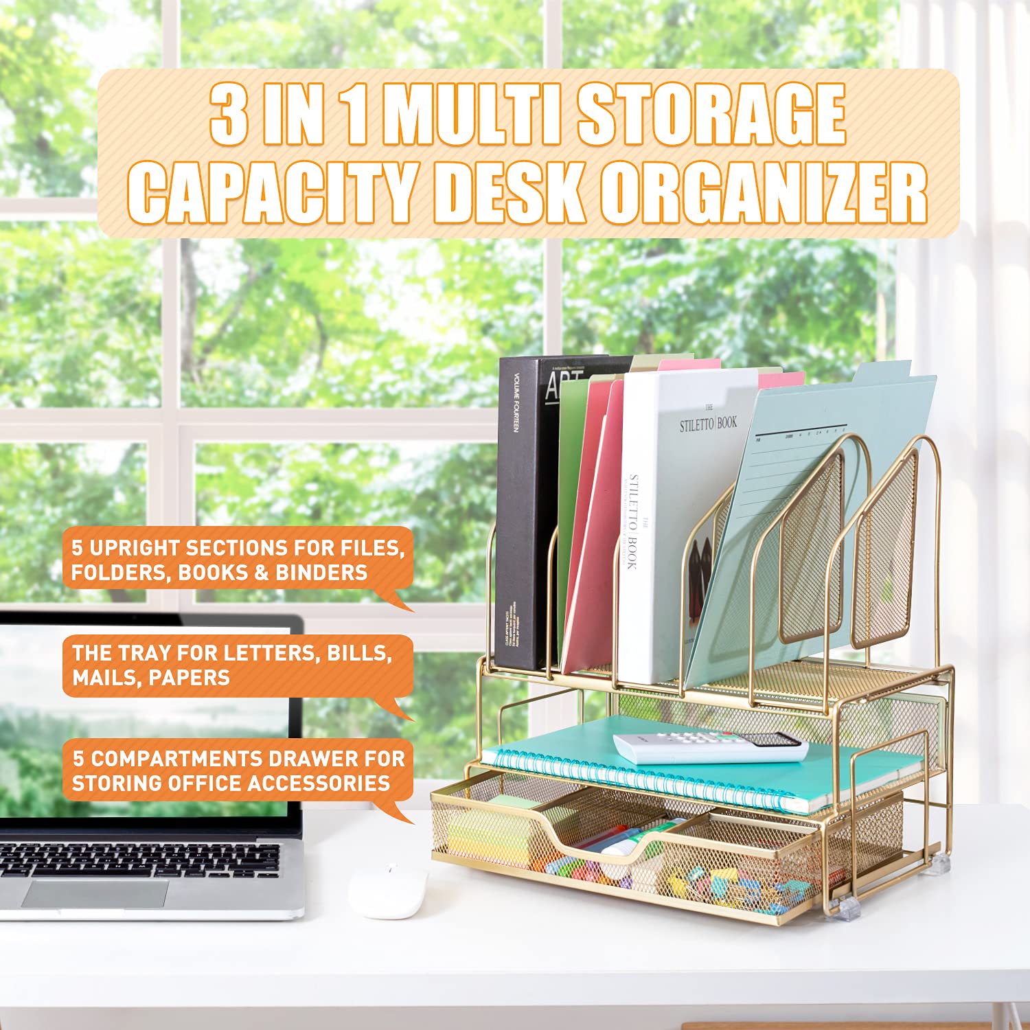 Beiz Gold Desk Organizer and Accessories Storage with 5 Vertical File Folder Holders, 2 Paper Tray, Drawer for Women Office, Home, Dorm, Workspace to Collect Office Supplies