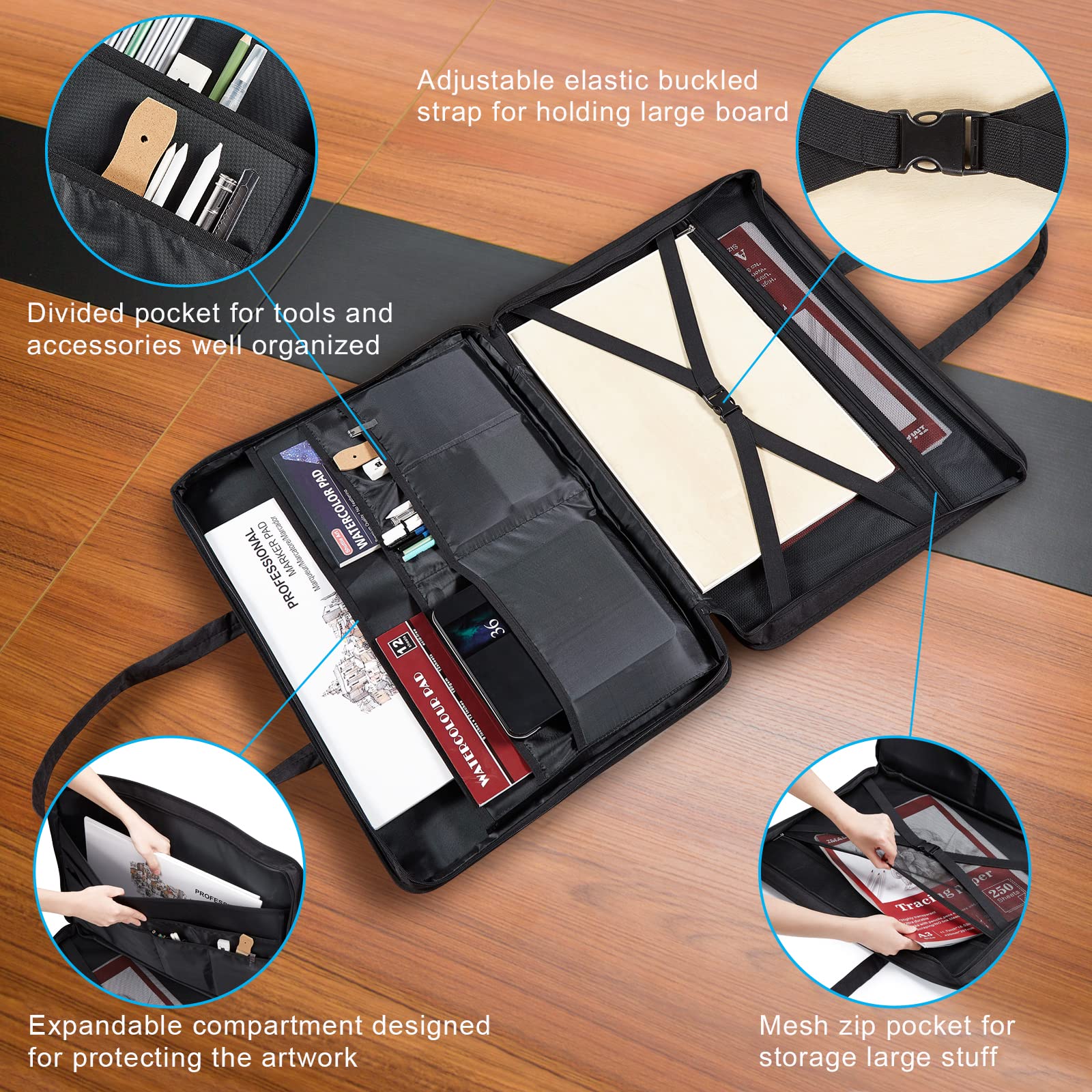 Art Portfolio Bag, IMAGE 23.6 in *17.7 in *3.14 in Black Art Carrying Storage Case, Waterproof Drawing board Bag with Shoulder Strap and Hidden Buckle for Artwork, Sketching and Drawing