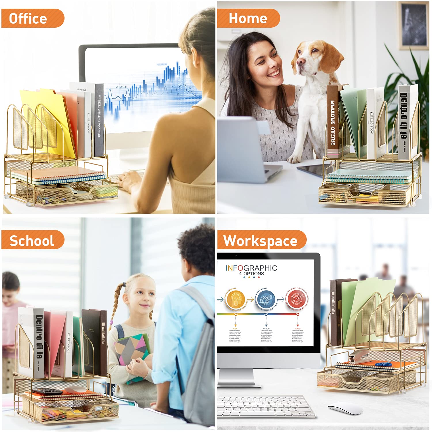 Beiz Gold Desk Organizer and Accessories Storage with 5 Vertical File Folder Holders, 2 Paper Tray, Drawer for Women Office, Home, Dorm, Workspace to Collect Office Supplies