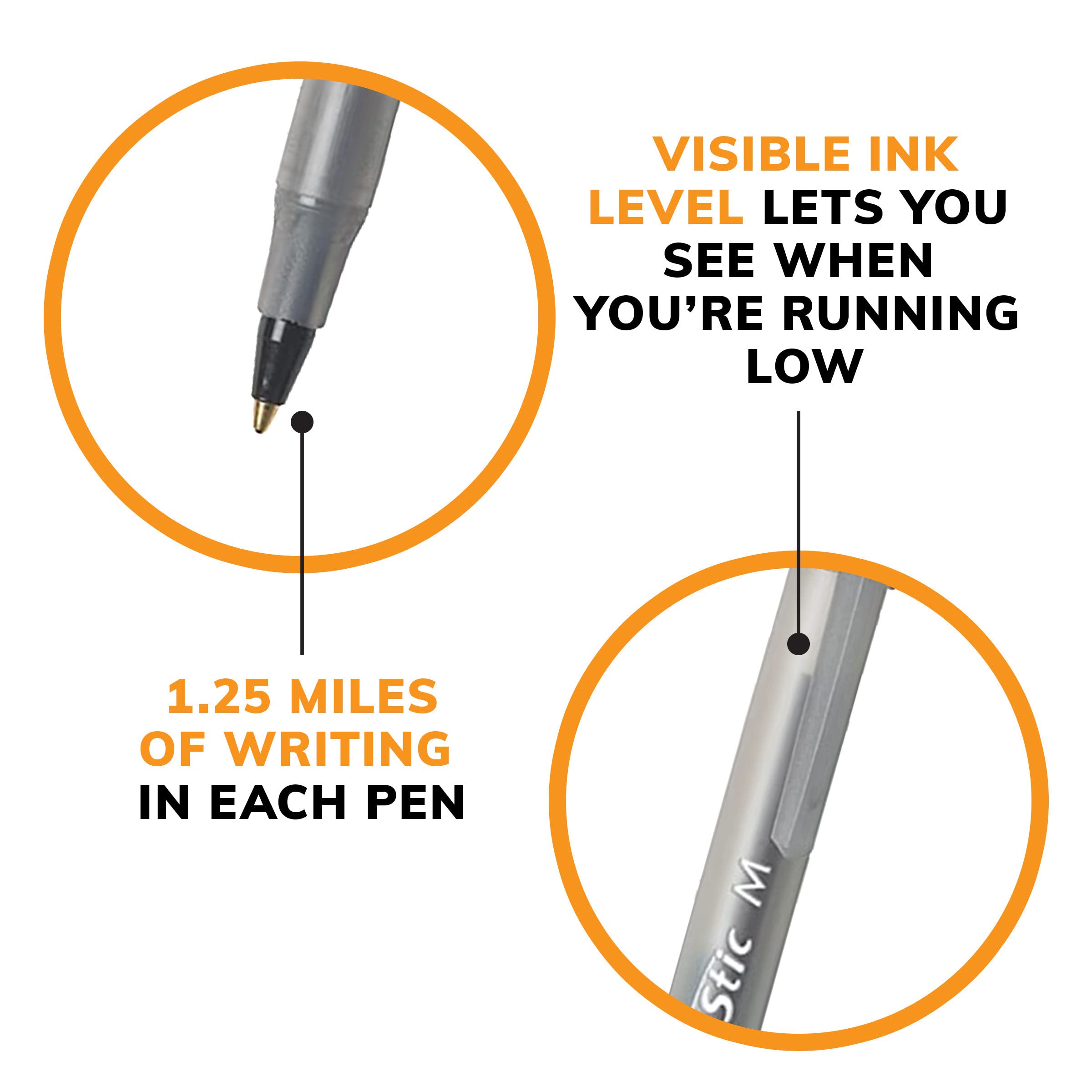 BIC Round Stic Xtra Life Ballpoint Ink Pens, Medium Point (1.0mm), Black Pens, Flexible Round Barrel For Writing Comfort, 144-Count