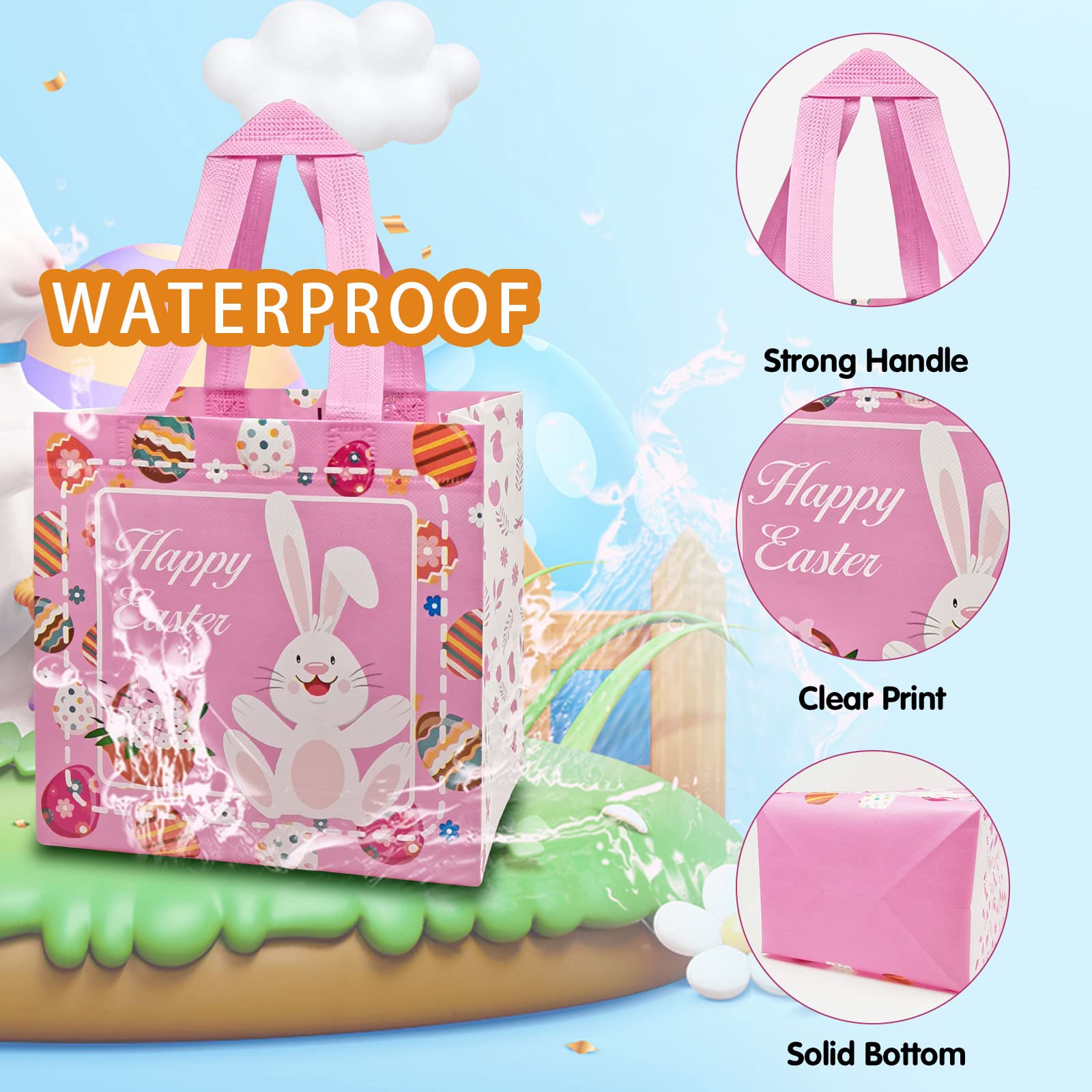 Easter Gift Bags 9 Piece, Easter Bags With Handles, Small Easter Egg Hunt Bags, Reusable Non-Woven Easter Tote Party Bags, Easter Goodie Bags Decorated With Rabbits, Eggs
