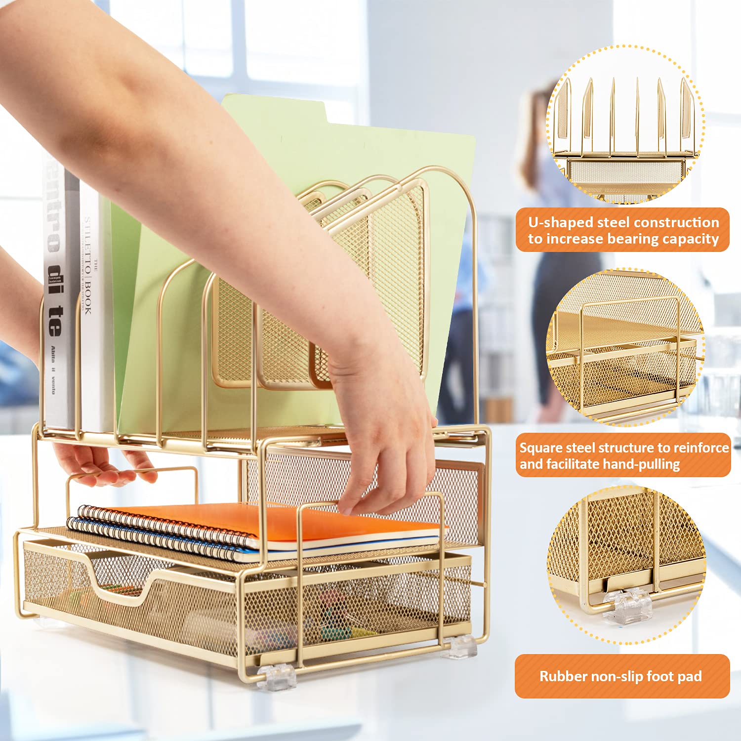 Beiz Gold Desk Organizer and Accessories Storage with 5 Vertical File Folder Holders, 2 Paper Tray, Drawer for Women Office, Home, Dorm, Workspace to Collect Office Supplies