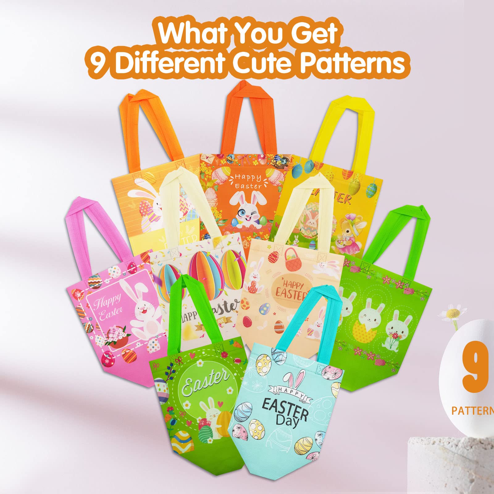Easter Gift Bags 9 Piece, Easter Bags With Handles, Small Easter Egg Hunt Bags, Reusable Non-Woven Easter Tote Party Bags, Easter Goodie Bags Decorated With Rabbits, Eggs