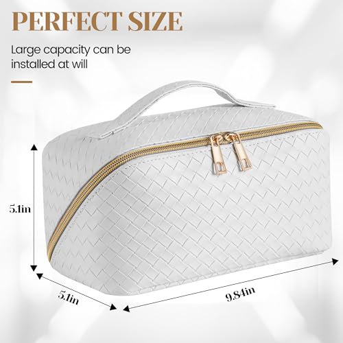 SFXULIX Large Capacity Travel Cosmetic Bag - Makeup Bag, PU Leather Waterproof Cosmetic Bag, Women Portable Travel Makeup Bag With Handle and Divider Flat Lay Makeup Organizer Bag, White