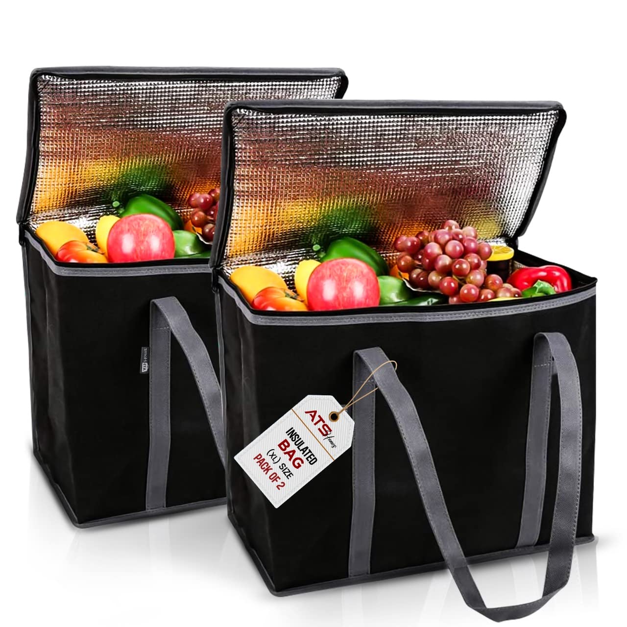 Insulated Reusable Grocery Bags(Pack of 2-Extra Large)Black, Portable Travel Bag For Frozen Food, Reusable Bags with handles-Foldable Insulated Bag Grocery, For Hot Cold Food Reusable Shopping Bags