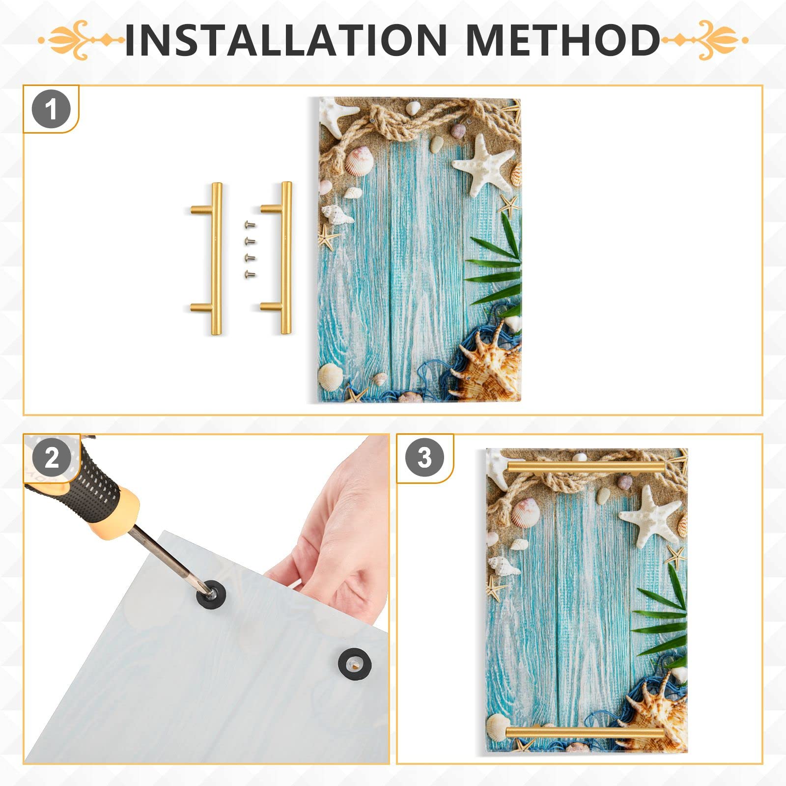 Seashells on Sand Bathroom Sink Vanity Trays With Gold Handles Starfish Palm Leaf Countertop Organizer Tray Acrylic Makeup Perfume Tray Dresser Tray Holder Decor Tray For Candle Small Plant Coffee