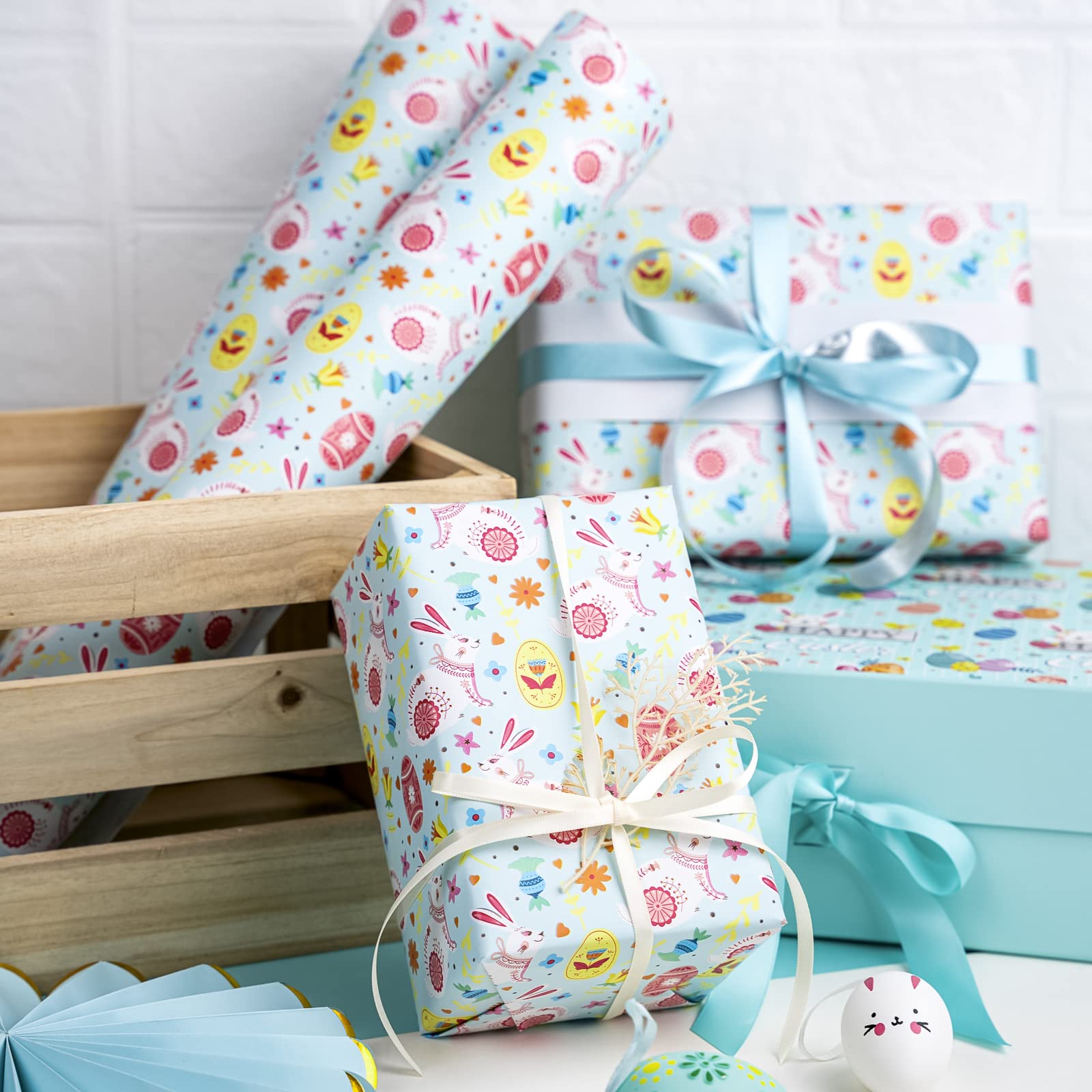 WRAPAHOLIC Wrapping Paper Roll- Easter Rabbit and Easter Egg for Easter, Birthday, Holiday, Party - 30 Inch x 33 Feet Per Roll