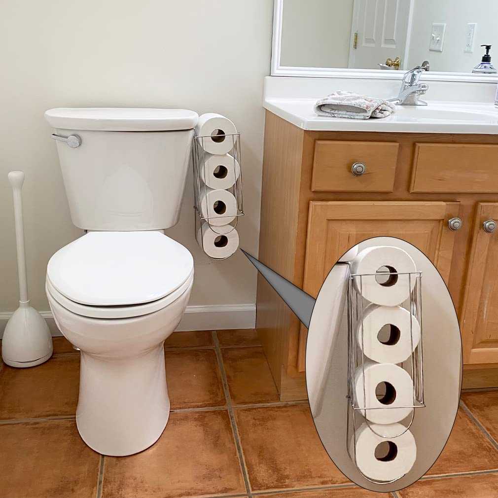 Evelots Over The Tank Metal Hanging Toilet Paper Holder and Spare Reserve, Holds 4 Rolls for Bathroom Storage, No Tool Install, Chrome