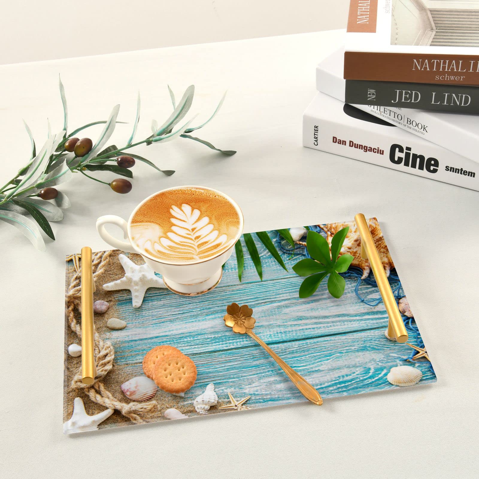 Seashells on Sand Bathroom Sink Vanity Trays With Gold Handles Starfish Palm Leaf Countertop Organizer Tray Acrylic Makeup Perfume Tray Dresser Tray Holder Decor Tray For Candle Small Plant Coffee