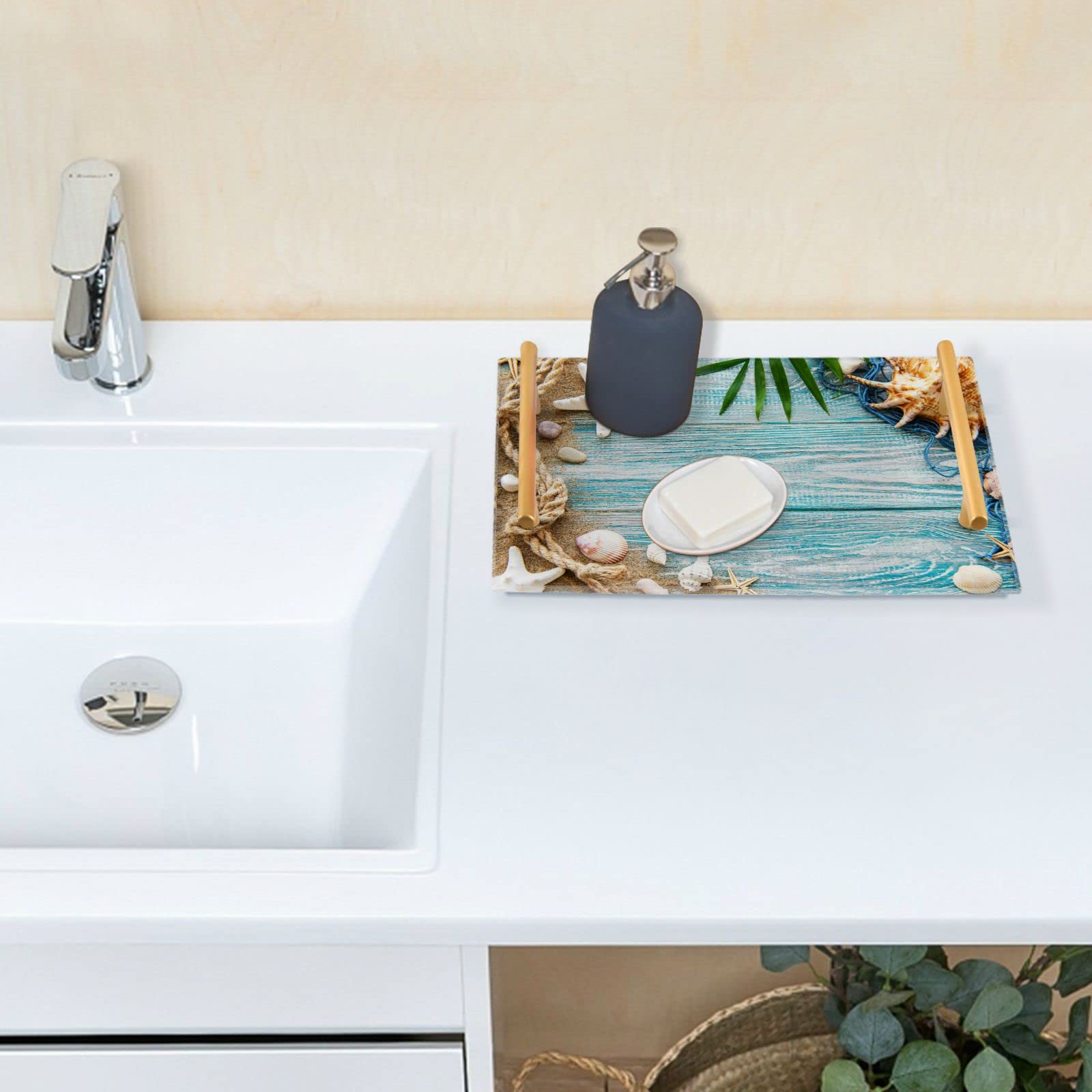 Seashells on Sand Bathroom Sink Vanity Trays With Gold Handles Starfish Palm Leaf Countertop Organizer Tray Acrylic Makeup Perfume Tray Dresser Tray Holder Decor Tray For Candle Small Plant Coffee