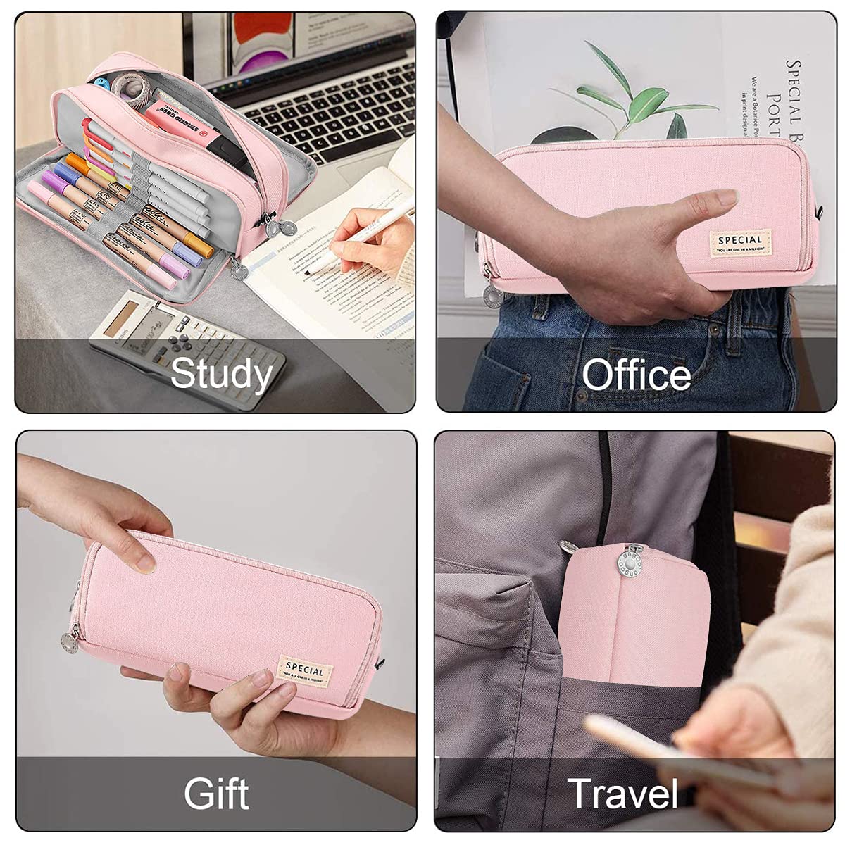 SeBeLi Pencil Case Big Capacity 3 Compartments Pouch Stationery Art Pen Bag for Girls Teens Students School & Office Supplies - Plaid White