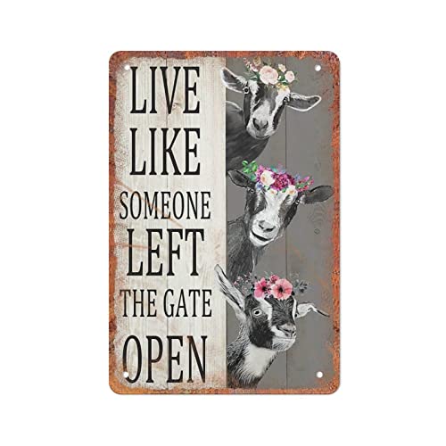 ZZZRSYR Funny Novelty Metal Sign- Live Like Someone Left The Gate Open Goats - Retro Wall Decor Gift for Man Cave Home Gate Garden Bars Cafes Office Store Club 8 X 12 INCH