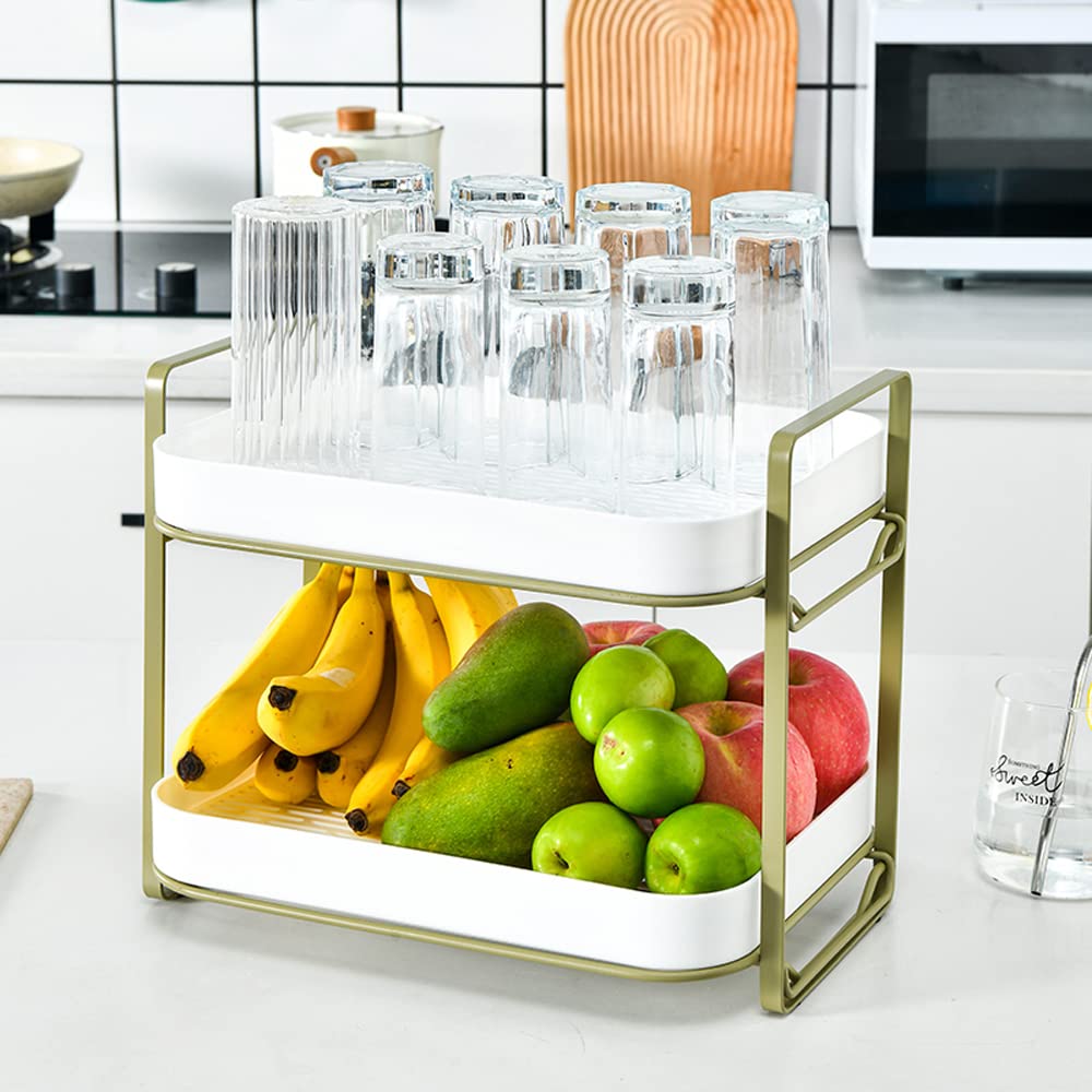 2-Tier Cups Mugs Drying Rack with Drain Tray, Tableware Fruit Storage Rack, Kitchen Countertop Organizer Shelf Tea Tray for Water Coffee Glass Cup Bowls Food and Seasoning Jar Holder (White)