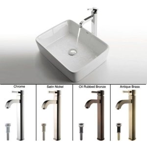 KRAUS 19-inch Modern Rectangular White Porcelain Ceramic Bathroom Vessel Sink and Ramus Faucet Combo Set with Pop-Up Drain, Chrome C-KCV-121-1007CH