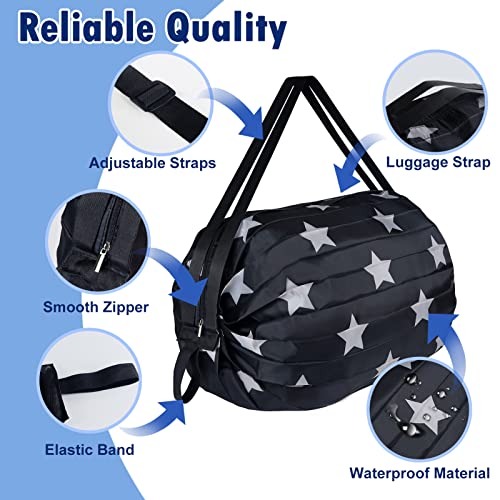 Aosbos Reusable Grocery Bags Foldable Shopping Bag with Zipper Portable Duffle Bag for Travel Packable Large Utility Tote Bag Gym Backpack for Women Men, Black Star