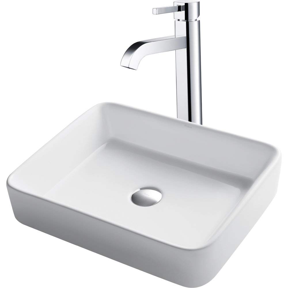 KRAUS 19-inch Modern Rectangular White Porcelain Ceramic Bathroom Vessel Sink and Ramus Faucet Combo Set with Pop-Up Drain, Chrome C-KCV-121-1007CH