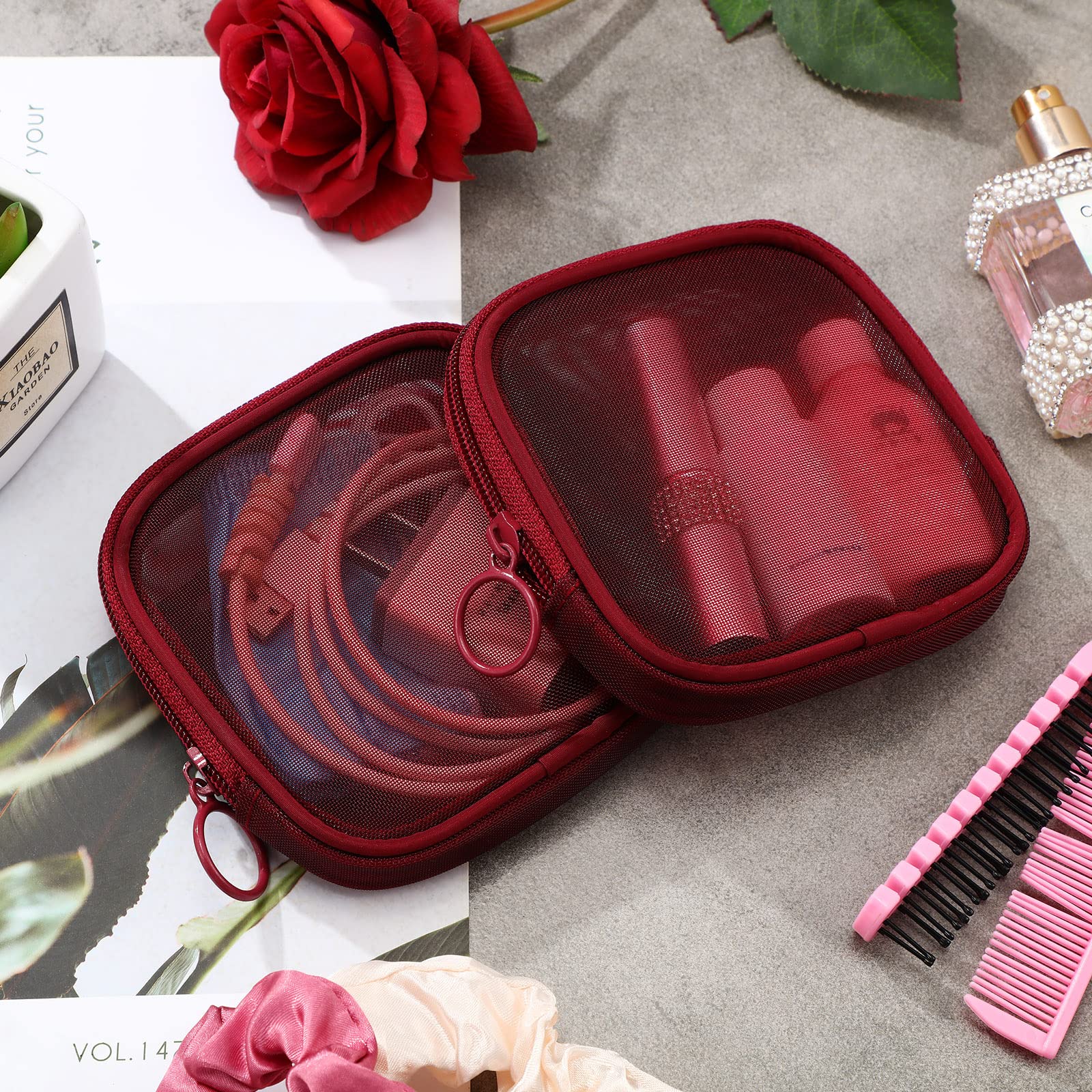 Weewooday 4 Pcs Mesh Makeup Bag Mesh Cosmetic Bag Travel Toiletry Pouch with Zipper Mini Makeup Cosmetic Purse for Daily Accessory (Pink,Small)(Small,Wine Red)