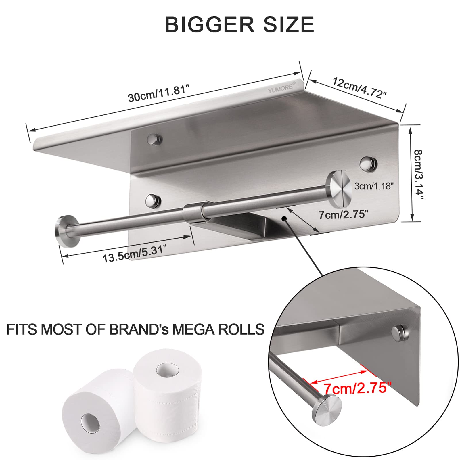 YUMORE Toilet Paper Holder, 304 Stainless Steel Bathroom Double Roll Tissue Holder with Shelf, Wall Mounted Washroom Dual TP Dispenser Storage, Flushable Wipes Dispenser, Brushed Nickel Finish