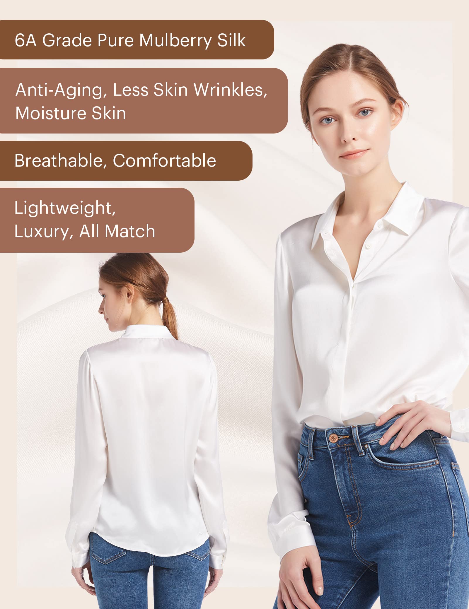 LilySilk Women's Silk Blouse 100% 22MM Silk Button-Down Shirt Long Sleeves Classic Timeless Top for All Seasons Casual Business, Natural White L