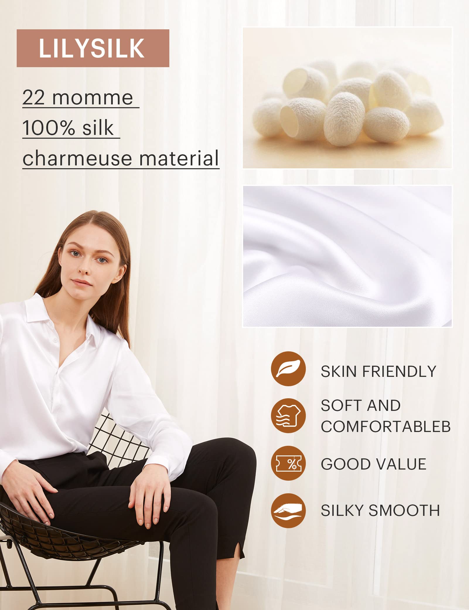 LilySilk Women's Silk Blouse 100% 22MM Silk Button-Down Shirt Long Sleeves Classic Timeless Top for All Seasons Casual Business, Natural White L