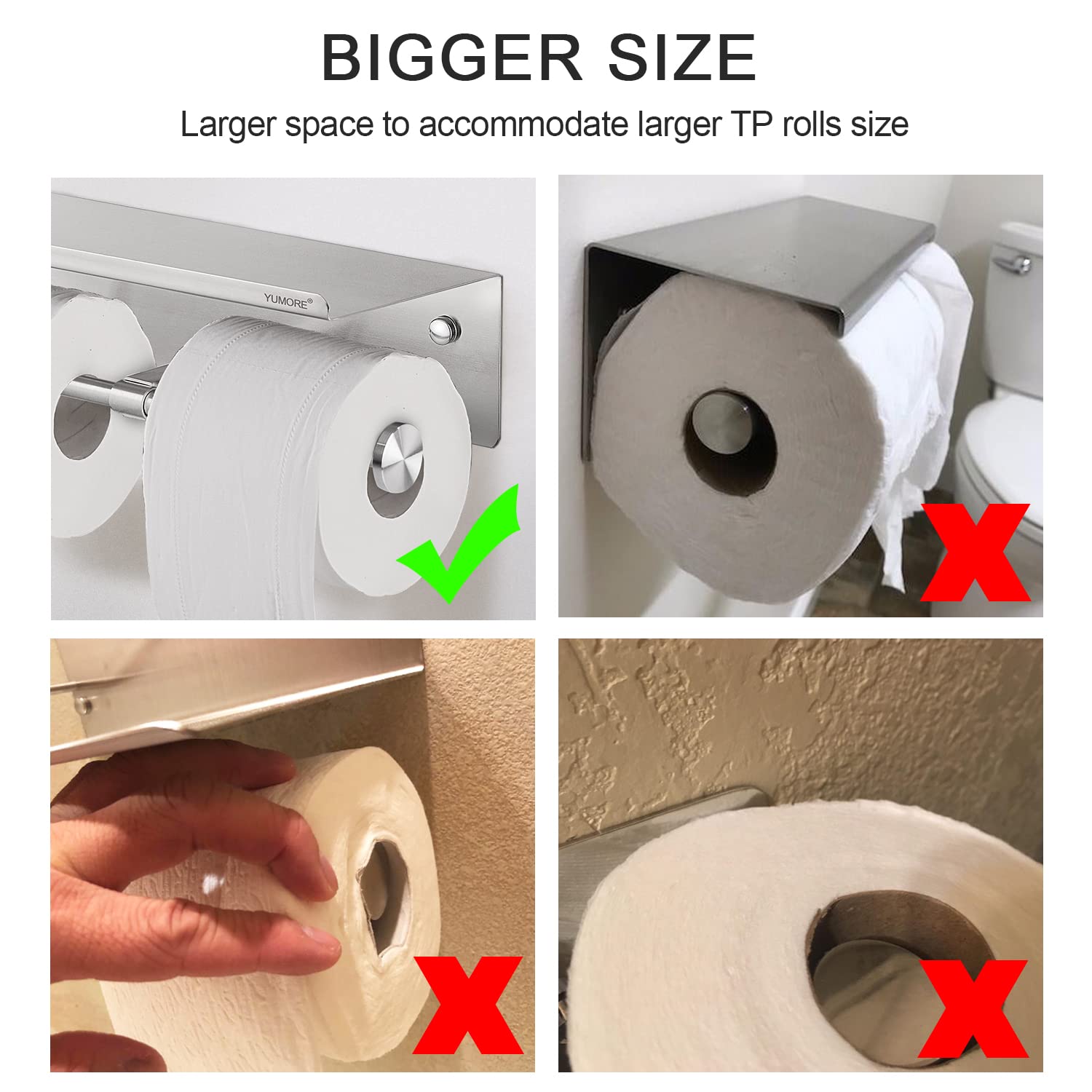 YUMORE Toilet Paper Holder, 304 Stainless Steel Bathroom Double Roll Tissue Holder with Shelf, Wall Mounted Washroom Dual TP Dispenser Storage, Flushable Wipes Dispenser, Brushed Nickel Finish