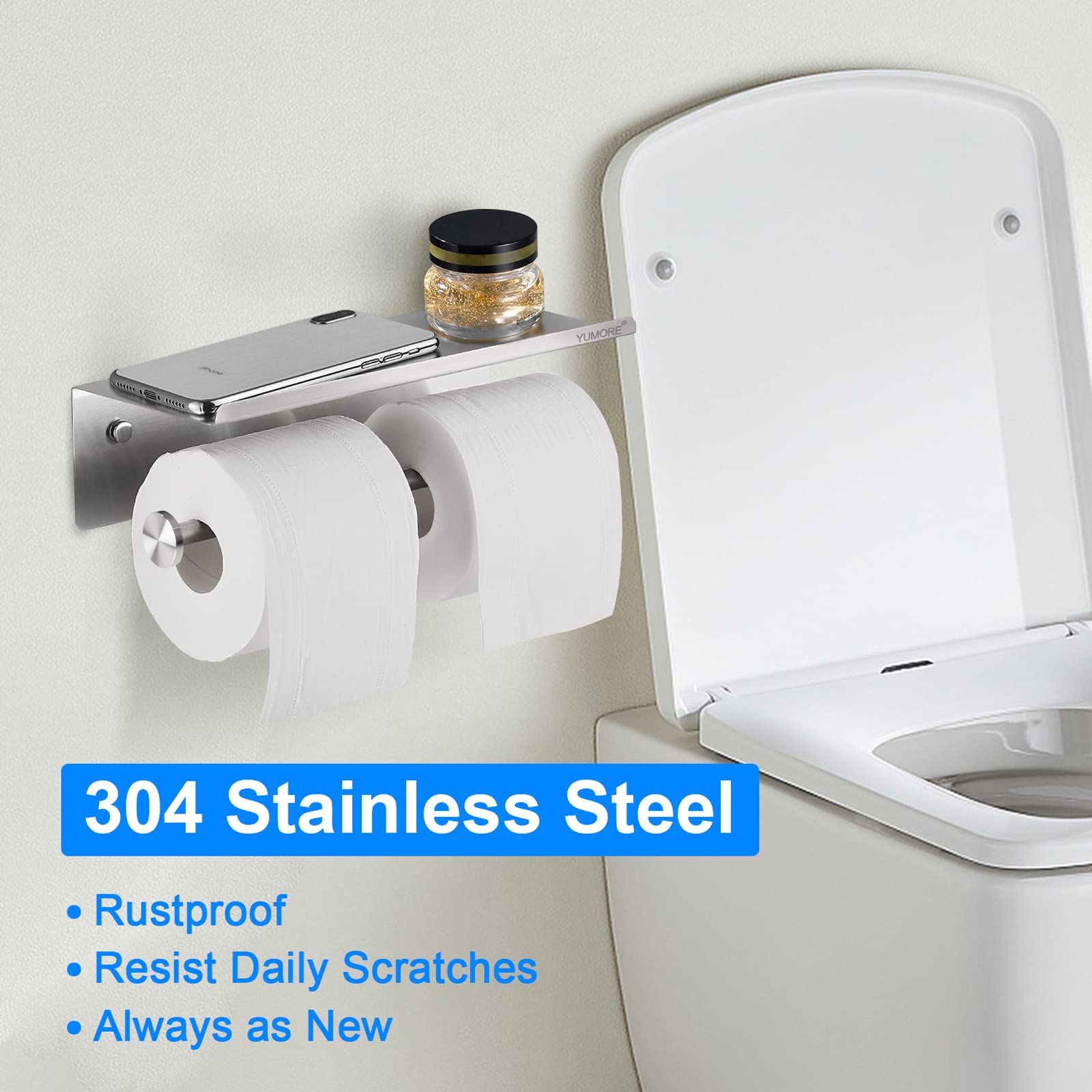 YUMORE Toilet Paper Holder, 304 Stainless Steel Bathroom Double Roll Tissue Holder with Shelf, Wall Mounted Washroom Dual TP Dispenser Storage, Flushable Wipes Dispenser, Brushed Nickel Finish