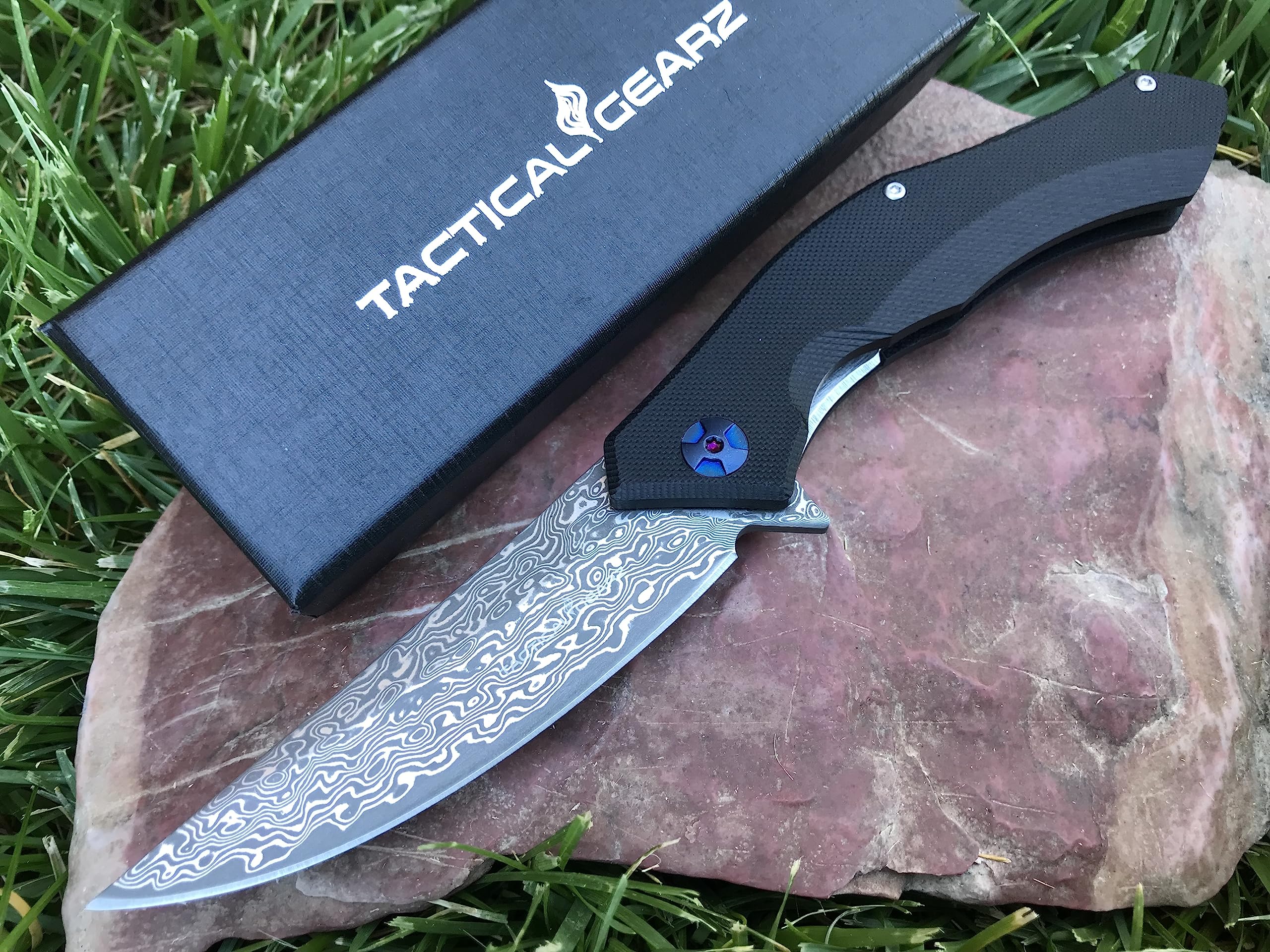 TACTICAL GEARZ Damascus G10 Pocket Knife, Triton XT! G10 Handle! Damascus Blade w/VG10 Core & 67 Layers! Ball Bearing Pivot System! Includes Sheath!