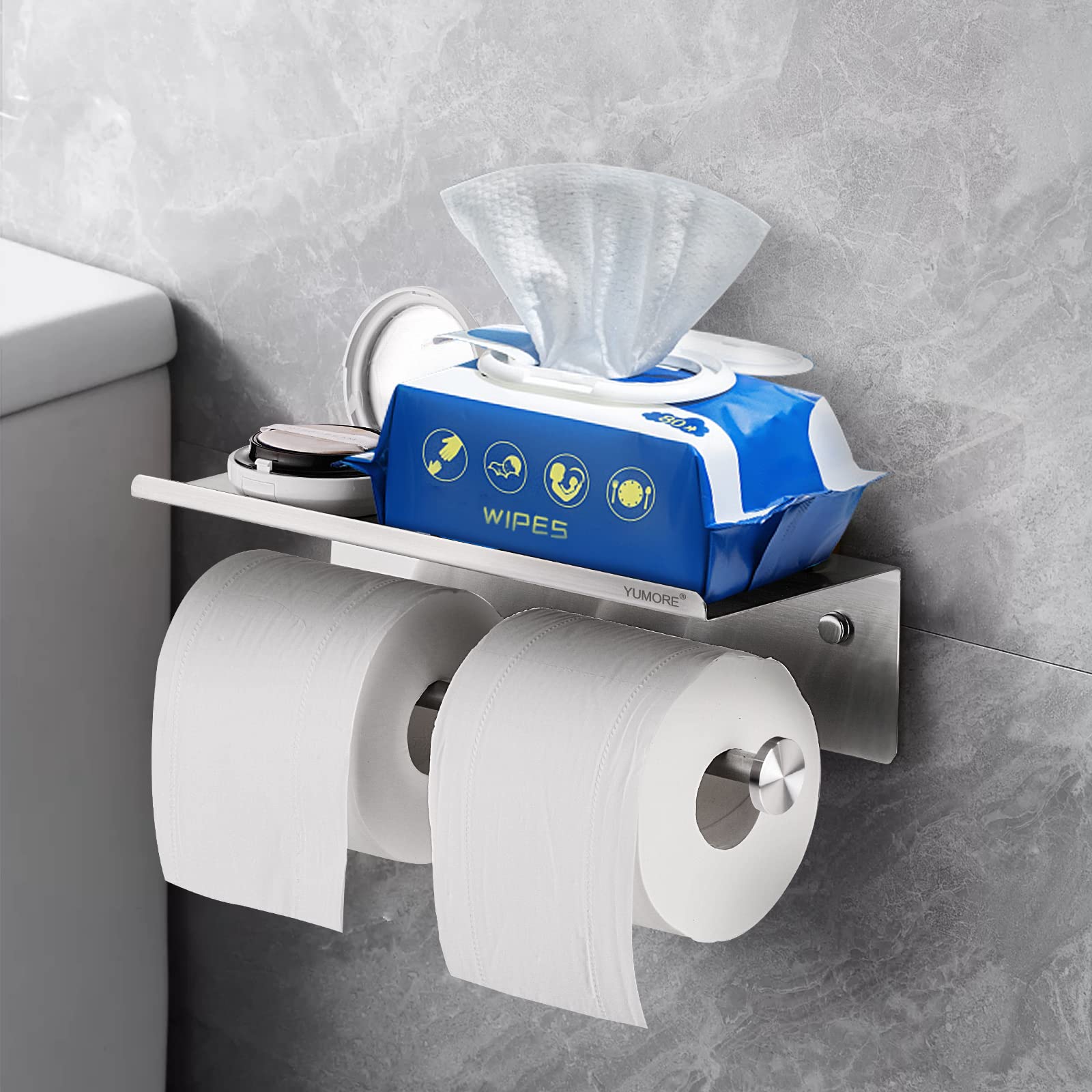 YUMORE Toilet Paper Holder, 304 Stainless Steel Bathroom Double Roll Tissue Holder with Shelf, Wall Mounted Washroom Dual TP Dispenser Storage, Flushable Wipes Dispenser, Brushed Nickel Finish