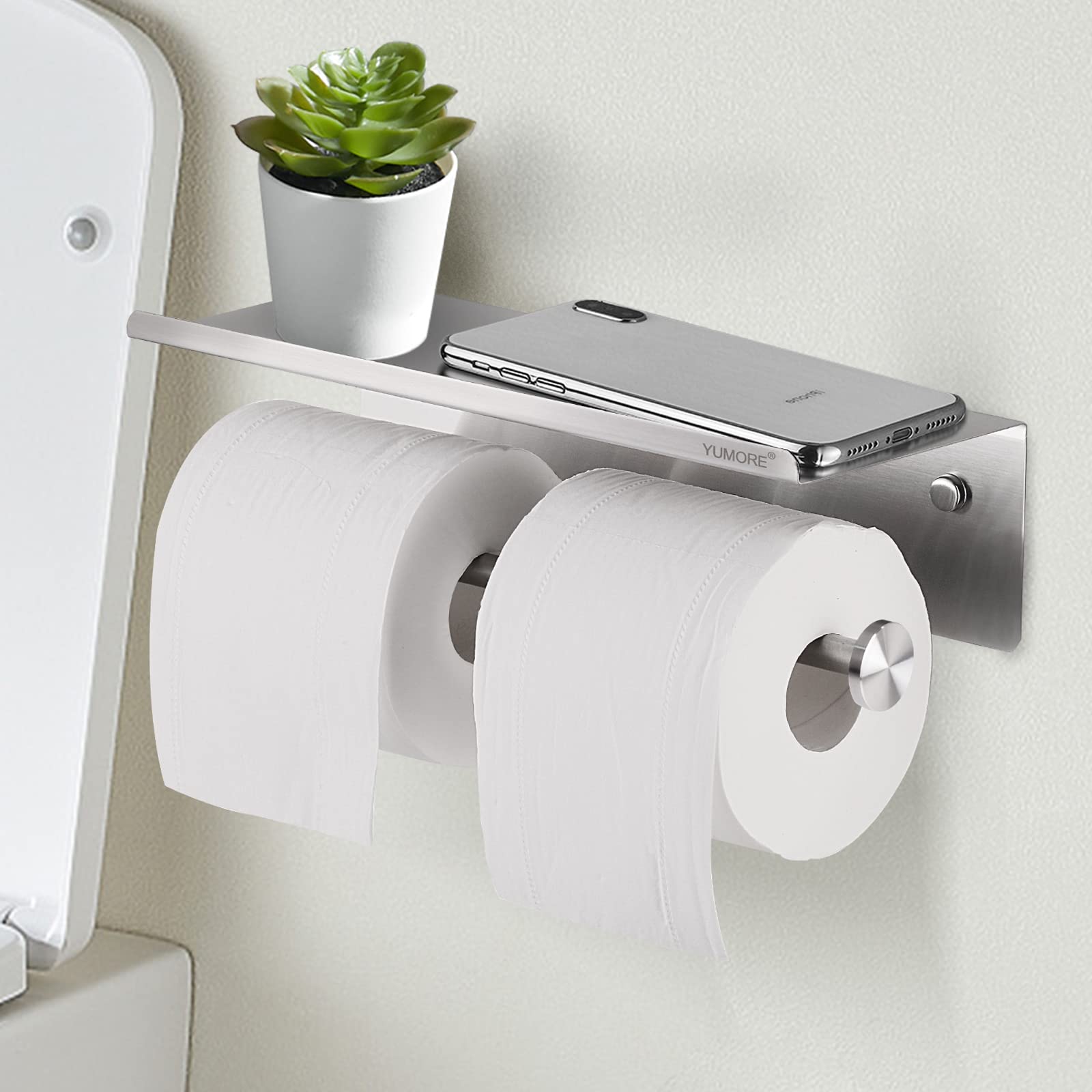 YUMORE Toilet Paper Holder, 304 Stainless Steel Bathroom Double Roll Tissue Holder with Shelf, Wall Mounted Washroom Dual TP Dispenser Storage, Flushable Wipes Dispenser, Brushed Nickel Finish