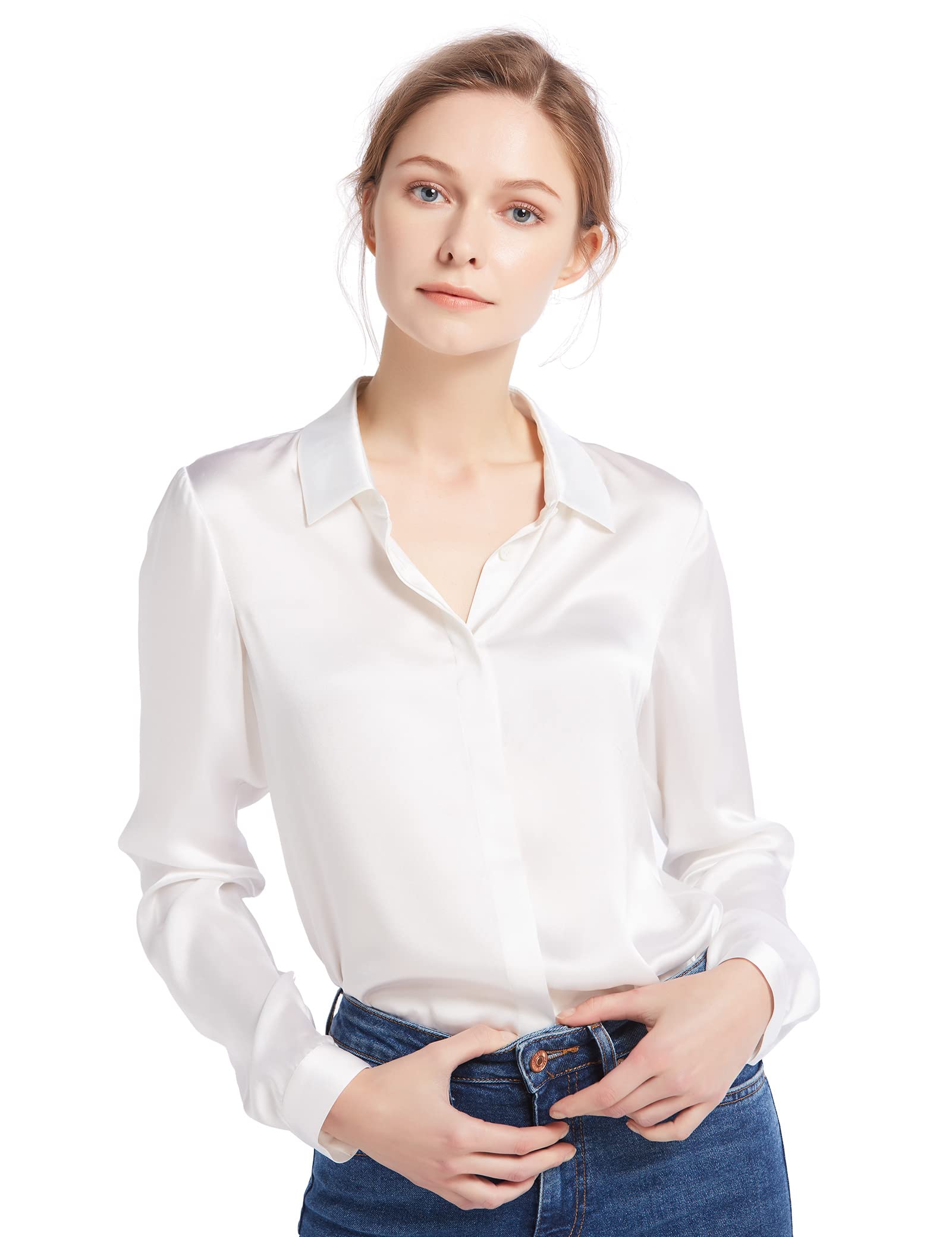 LilySilk Women's Silk Blouse 100% 22MM Silk Button-Down Shirt Long Sleeves Classic Timeless Top for All Seasons Casual Business, Natural White L