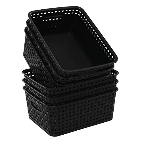 Farmoon Plastic Black Woven Basket, Pantry Storage Shelf Baskets Bin, 6 Packs