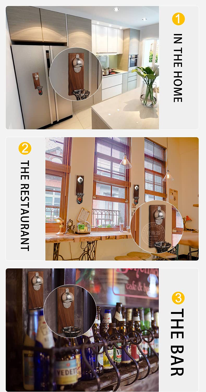 Wall-mounted magnetic bottle opener, wooden, Bottle cap catcher,Ideal Gift for Men and Beer Lovers
