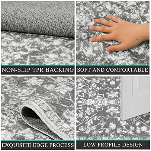 Pauwer Vintage Distressed Runner Rug, Washable Long Area Rug, Medallion Carpet Runner for Laundry Room Kitchen Floor Hallways Bedroom (Grey, 1.7'X10' Ft)