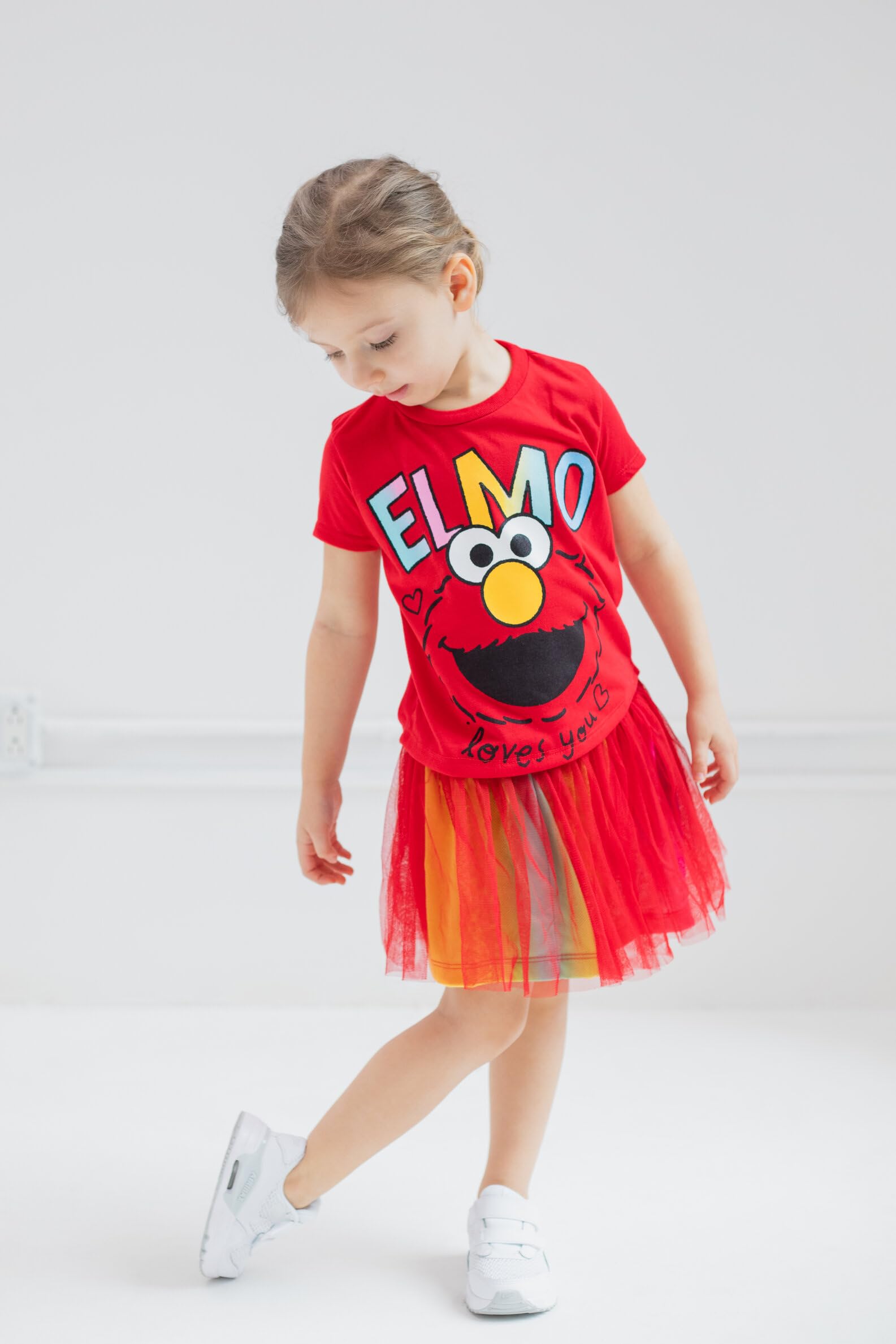 Sesame Street Elmo Infant Baby Girls Graphic T-Shirt Mesh Skirt and Scrunchie 3 Piece Outfit Set Red/Rainbow 12 Months