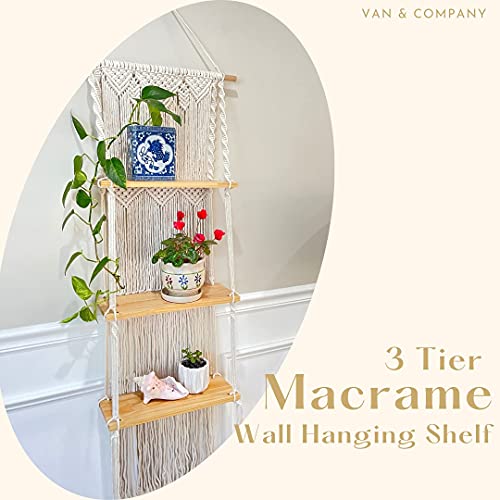 Van & Company 3 Tier Handmade Macrame Wall Hanging Shelf Includes 3 1.5cm Polished Wooden Shelves, Decorative Hand Made Roped Boho Shelving for Plants etc