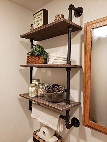 DR.IRON Industrial Pipe Wall Bathroom Shelf Rustic Bathroom Shelves with Towel Bar,24" Towel shelfs for Bathroom,Farmhouse Bathroom Shelving Unit Storage (3 tier-24)
