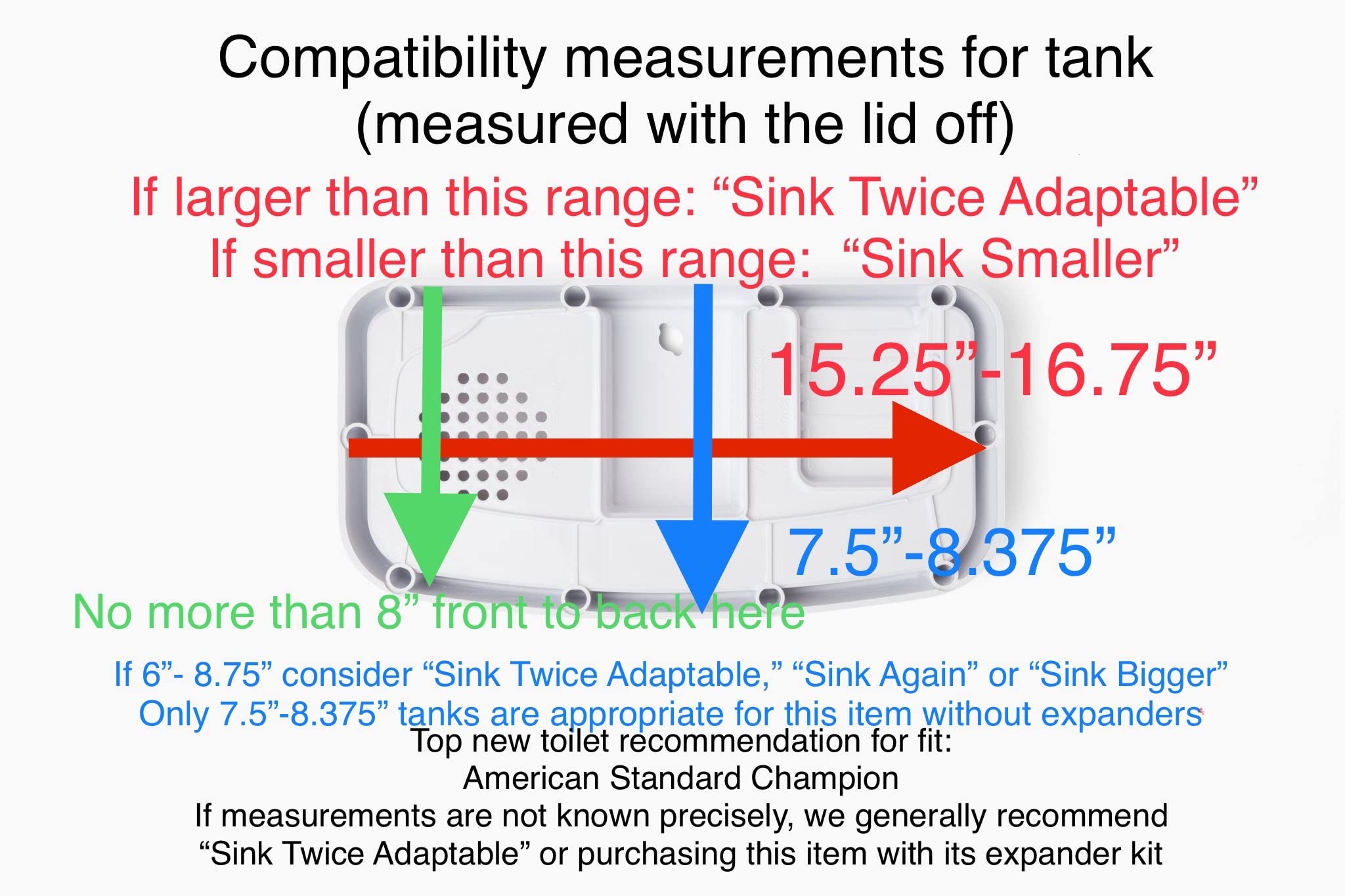 SinkTwice for toilet tanks 15.25" - 16.8" wide (measured with lid off)