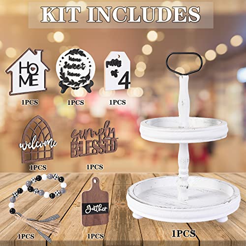 Farmhouse Two Tiered Tray Decor Set - with 7 Pcs Wooden Tier Tray Decor Signs for Home Kitchen Dinning Table Shelf Coffee Station Entryway Decorations