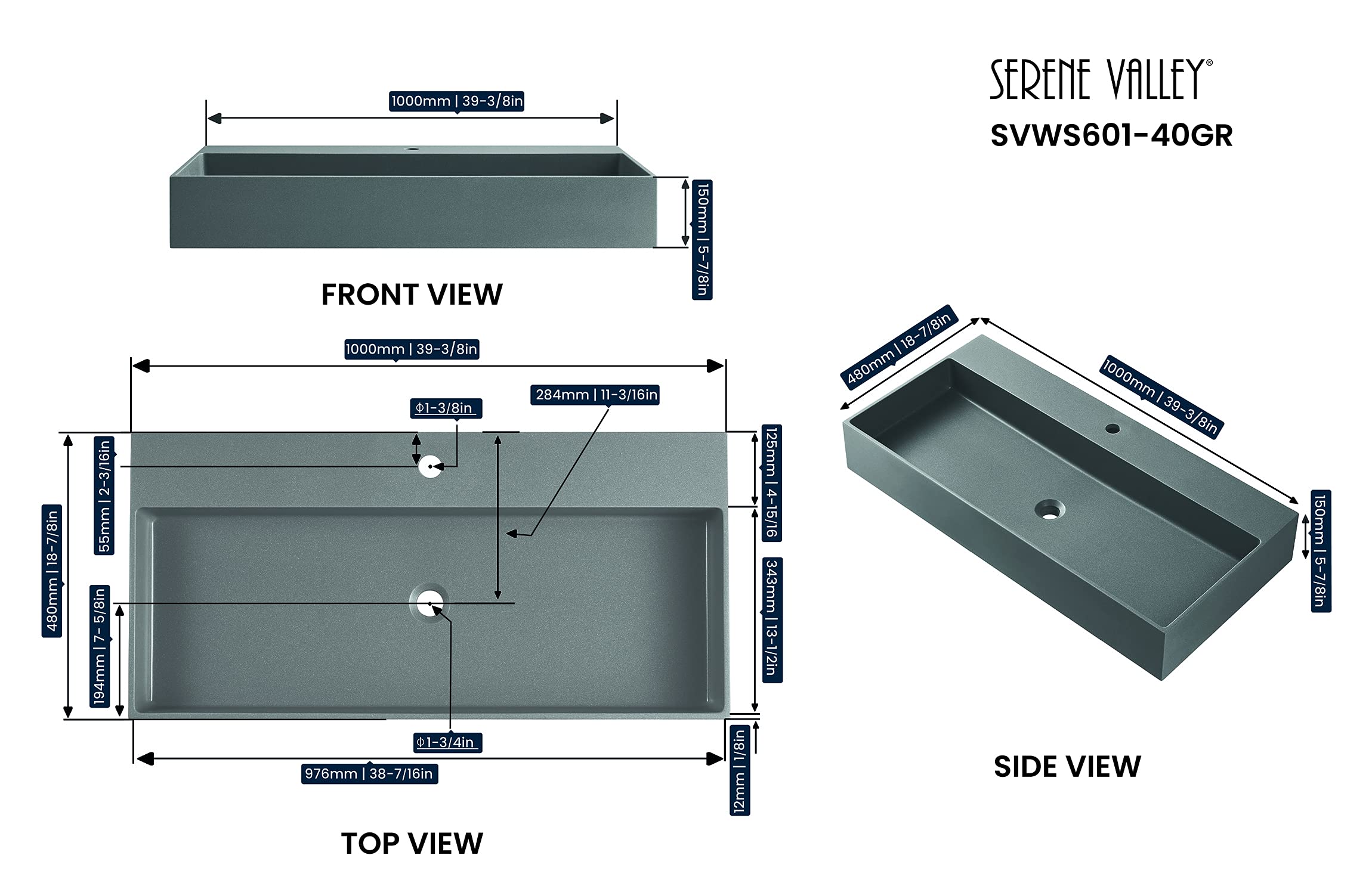 Serene Valley Bathroom Sink, Wall-Mount Install or On Countertop, 40" with Single Faucet Hole, Premium Granite Material in Matte Gray