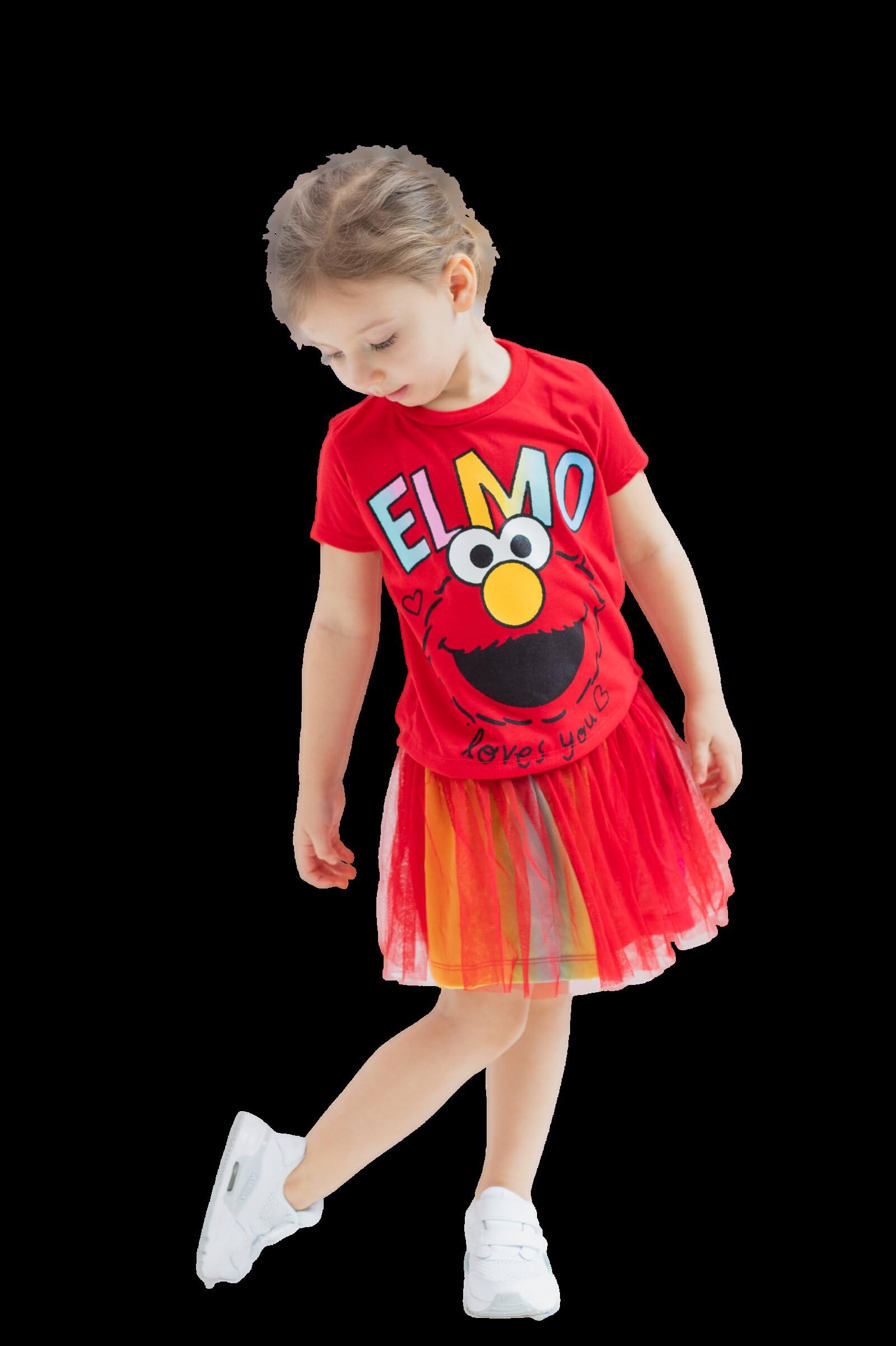 Sesame Street Elmo Infant Baby Girls Graphic T-Shirt Mesh Skirt and Scrunchie 3 Piece Outfit Set Red/Rainbow 12 Months