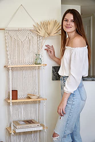 Van & Company 3 Tier Handmade Macrame Wall Hanging Shelf Includes 3 1.5cm Polished Wooden Shelves, Decorative Hand Made Roped Boho Shelving for Plants etc